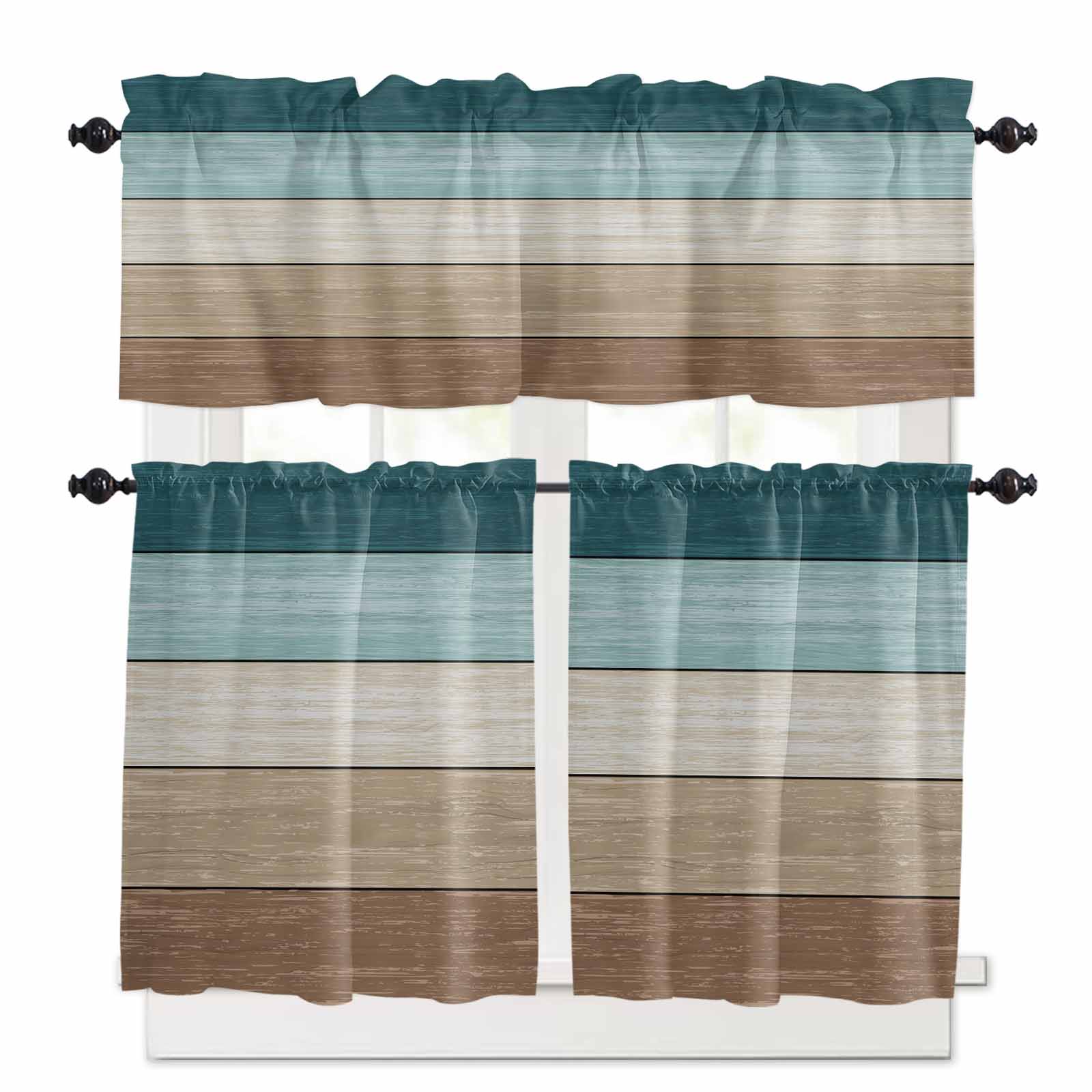 Brown Wood Grain Window Curtains Valance Set of 3 Dark Green Brown ...