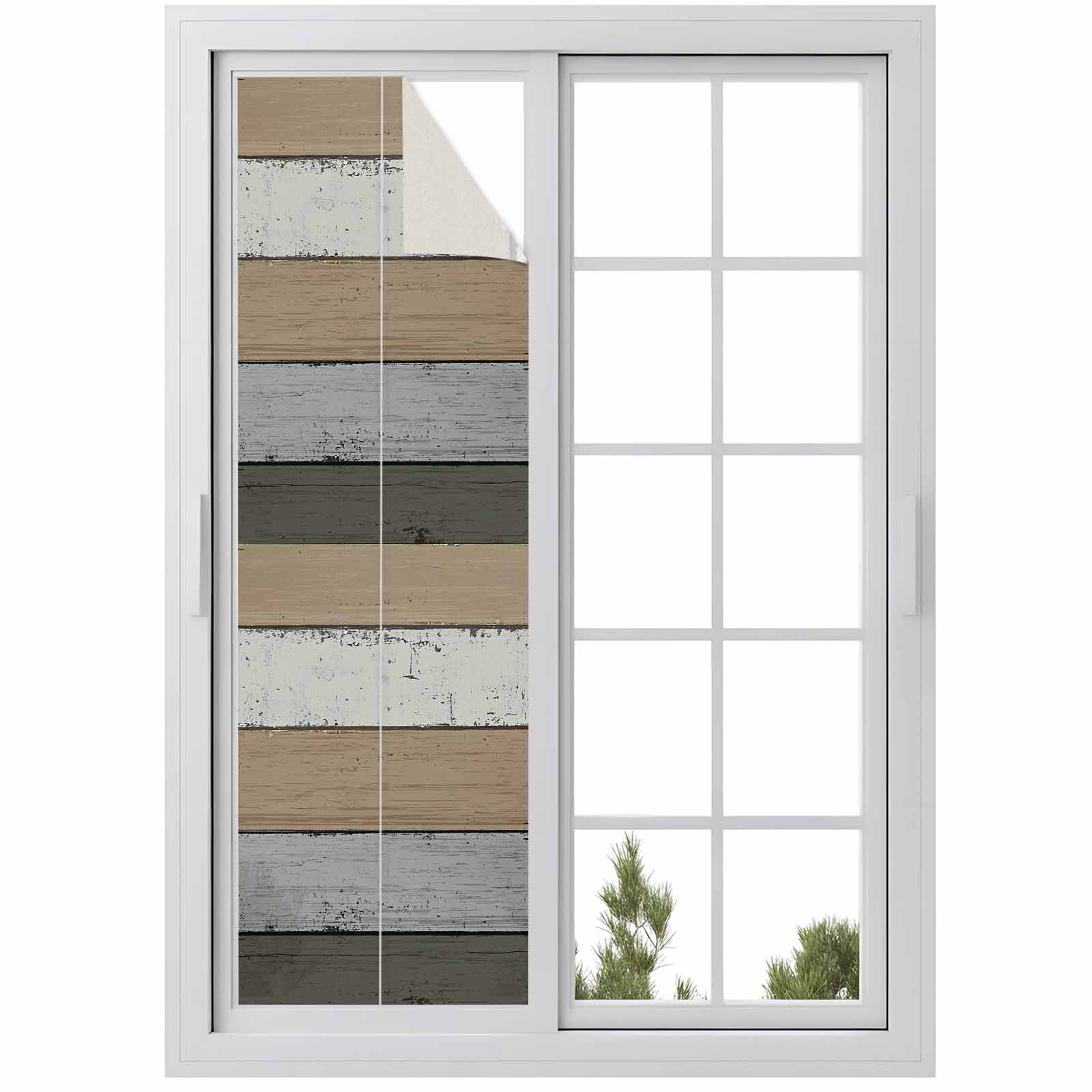 Brown Wood Grain Window Privacy Film, Vintage Grey Stripe Gradient ...