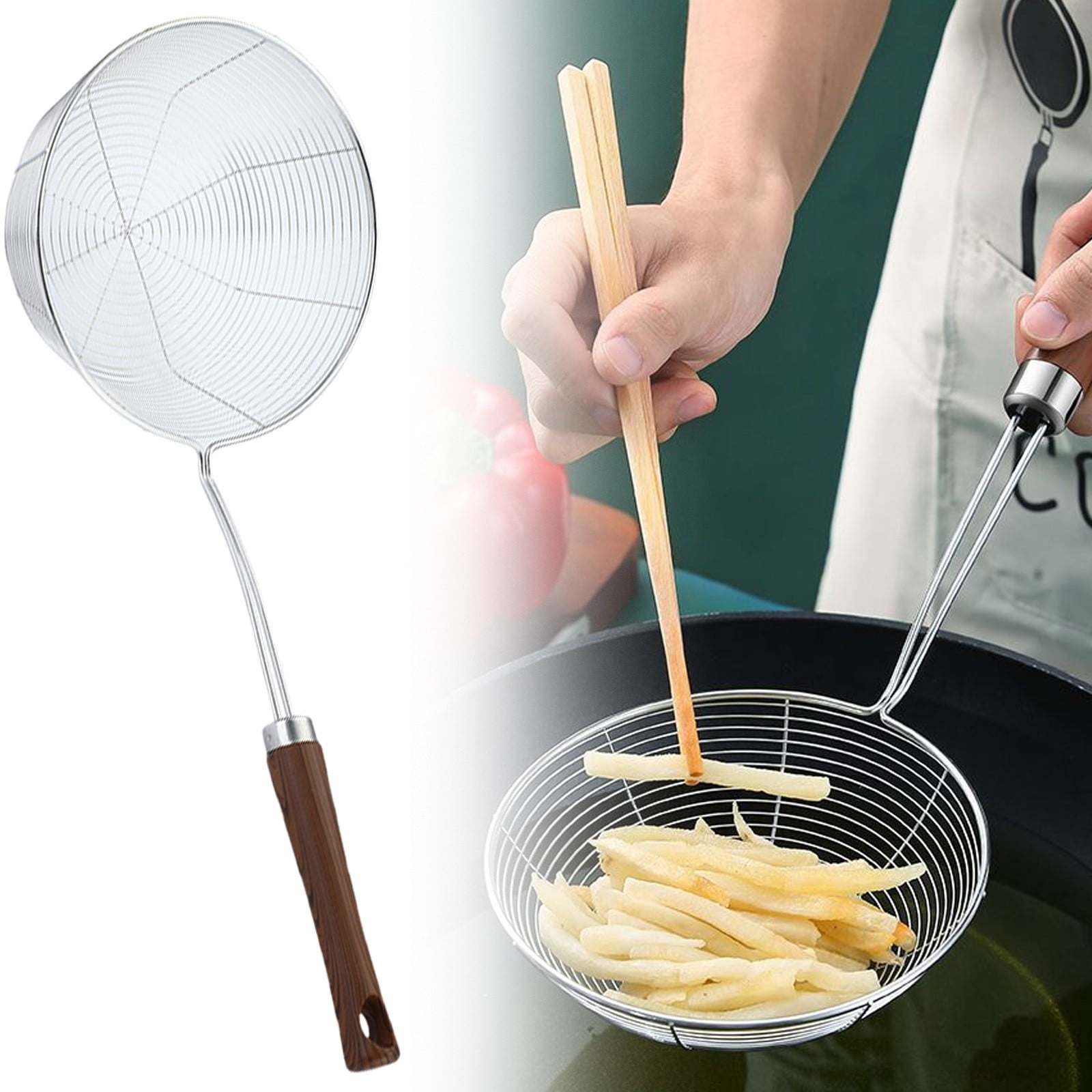 Brown Wood-Look Handle Stainless Steel Slotted Strainer Spoon 7 Inch ...