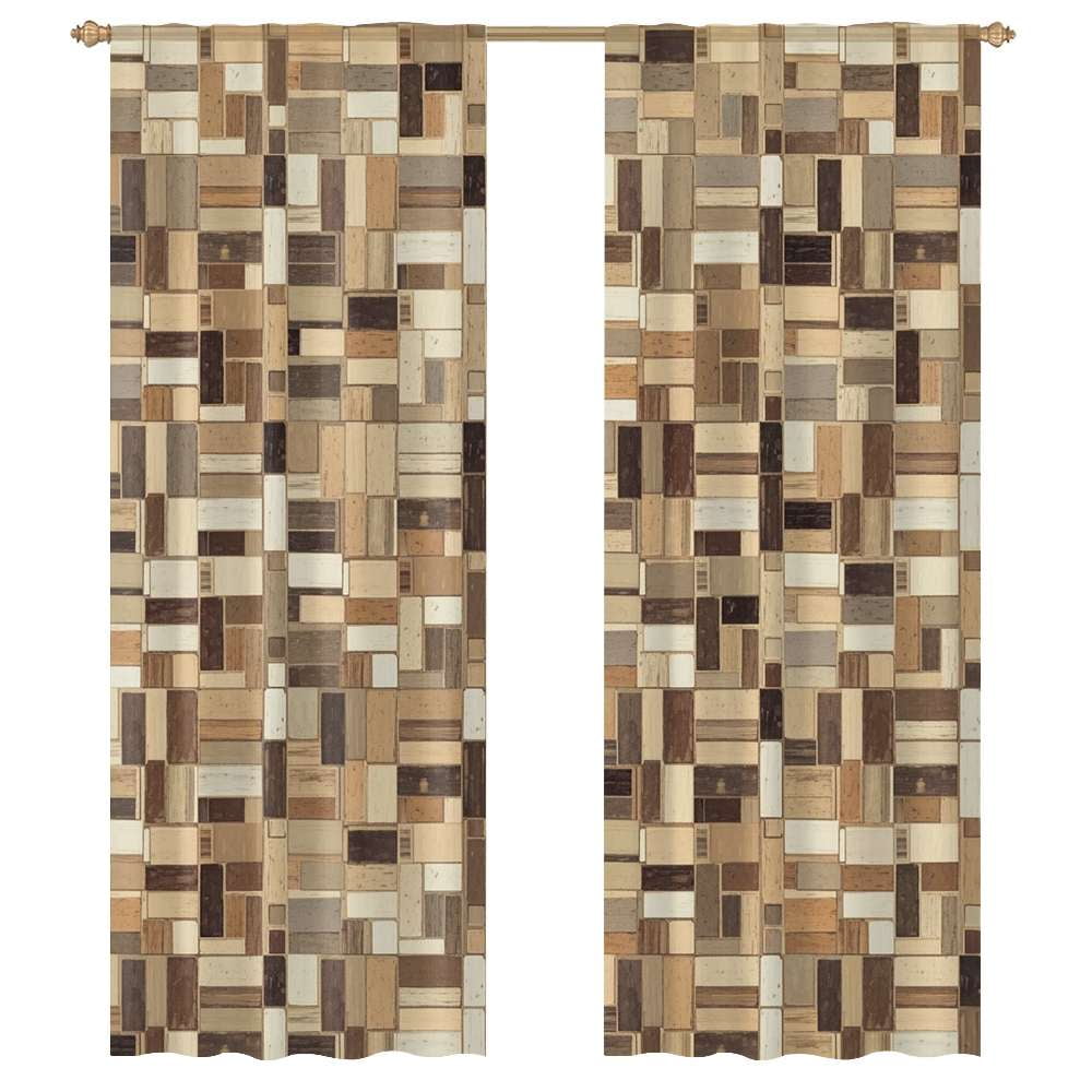 Brown Wood Mosaic Tile Pattern Modern Tulle Window Curtains for Living ...