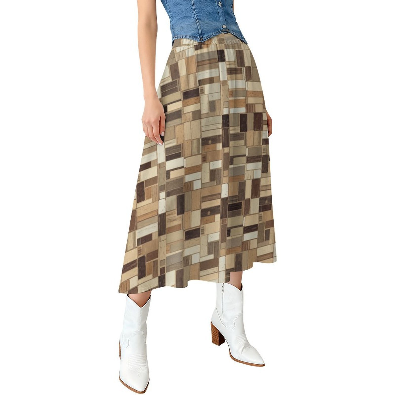 Brown Wood Mosaic Tile Pattern Women High Waist Midi Skirt Elegant Midi ...