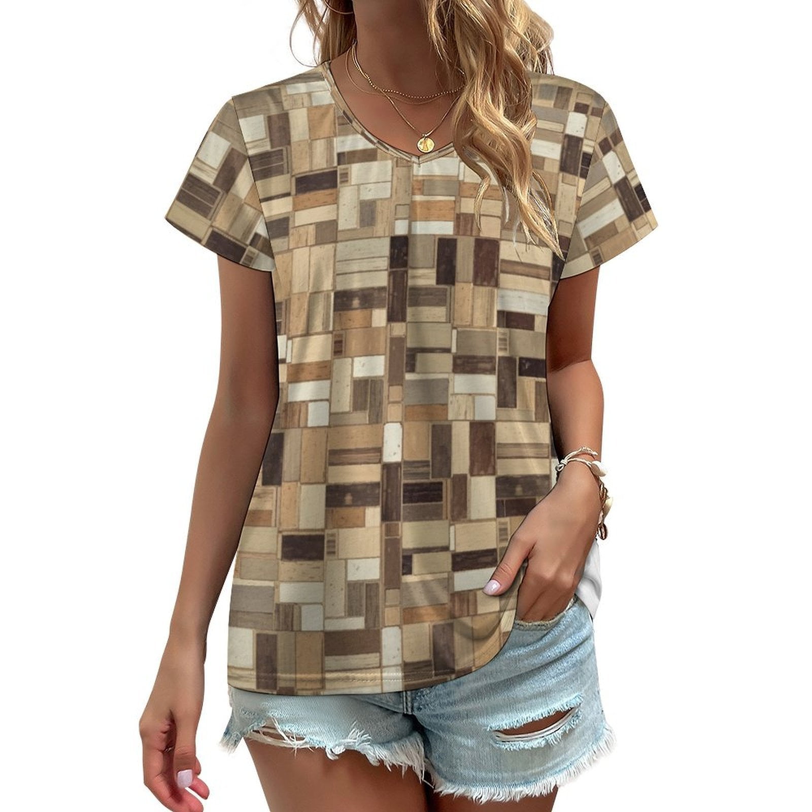 Brown Wood Mosaic Tile Pattern Women's Blouse Short Sleeve Women's Top ...