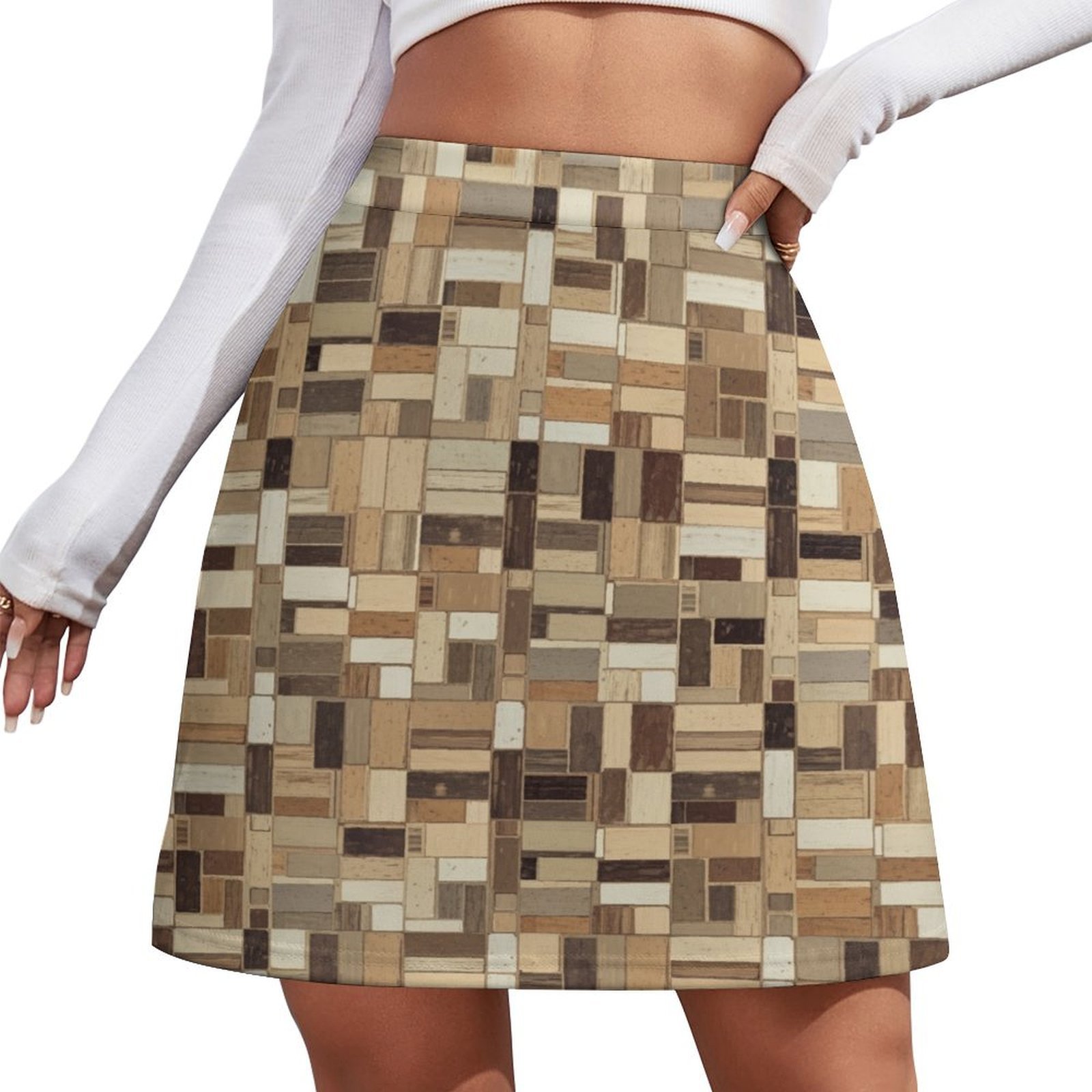 Brown Wood Mosaic Tile Pattern Women's High Waist Skirt Stretchy Casual ...