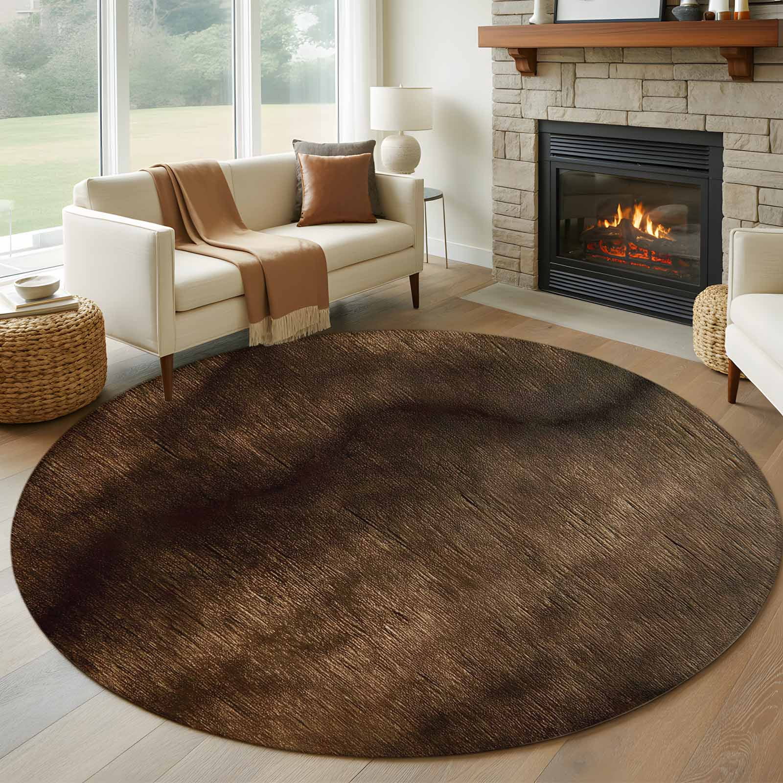 Brown Wood Round Rug 5ft Washable Circle Kitchen Rugs Non Slip Vintage ...