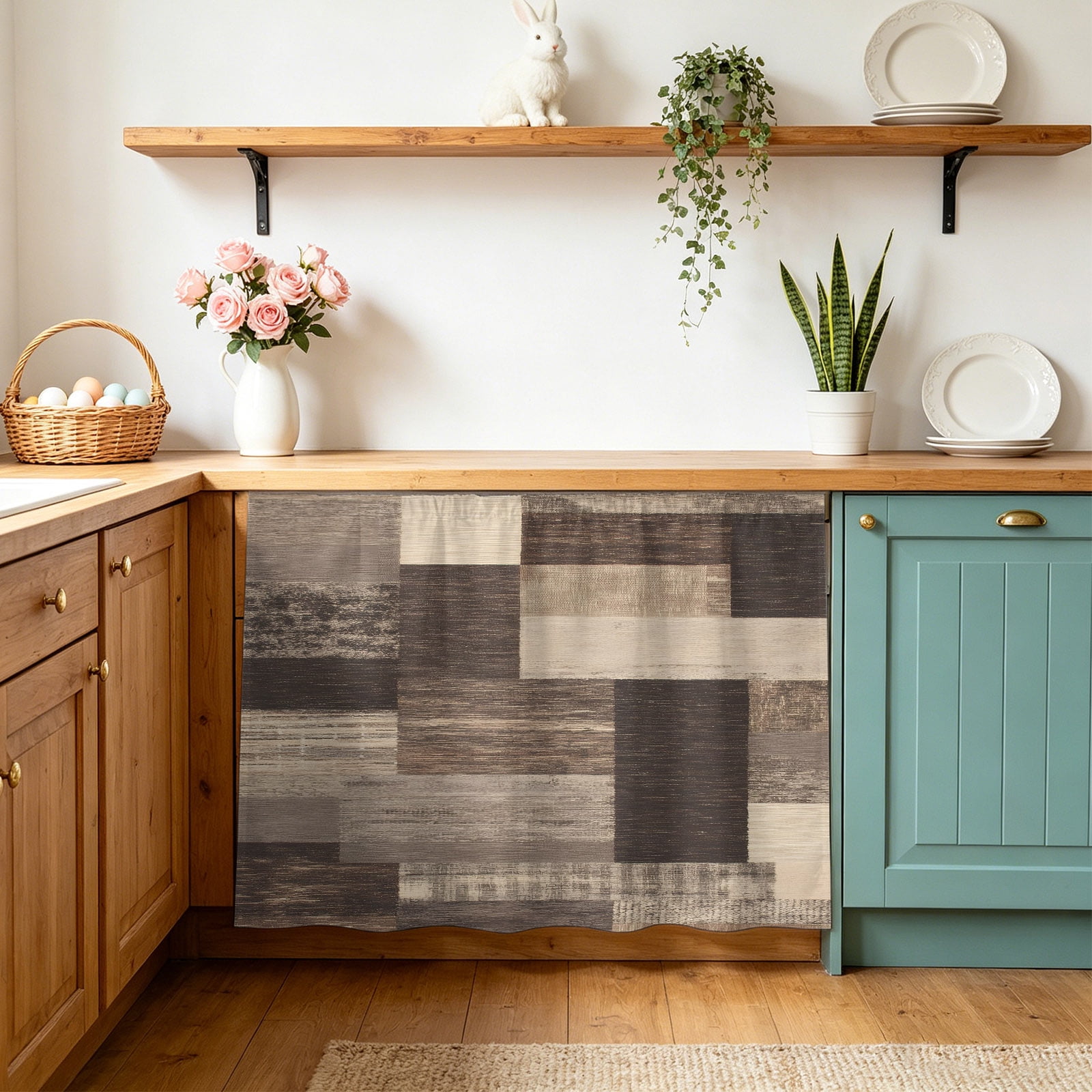 Brown Wood Stripes Cabinet Curtains 28" W x 35" L, Retro Geometric ...