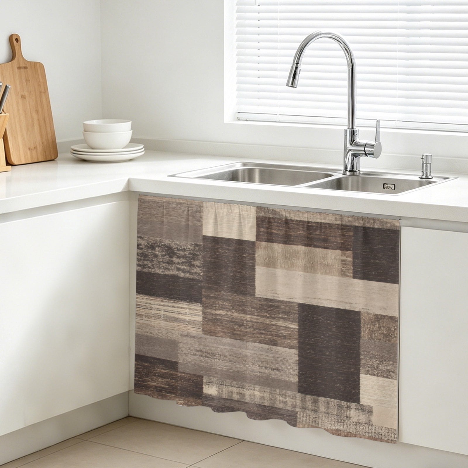 Brown Wood Stripes Cabinet Curtains for Kitchen 28"W x 35"L, Retro ...