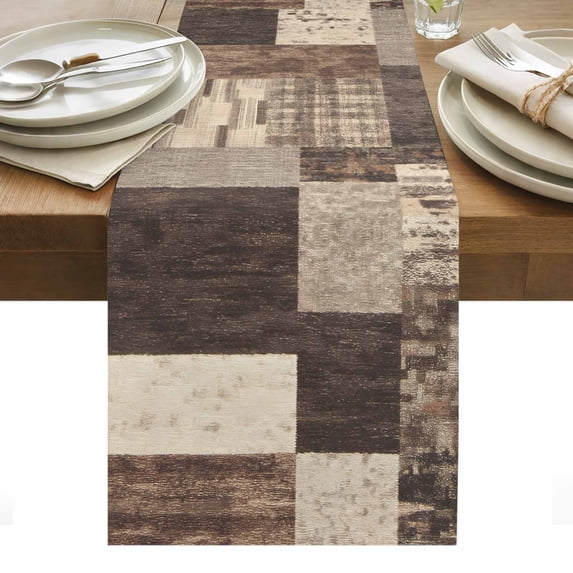 Brown Wood Stripes Cotton Linen Table Runner Modern Geometric Patchwork ...