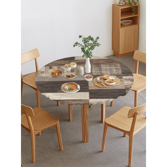 Brown Wood Stripes Round Fitted Tablecloth with Elastic Edge, Modern ...