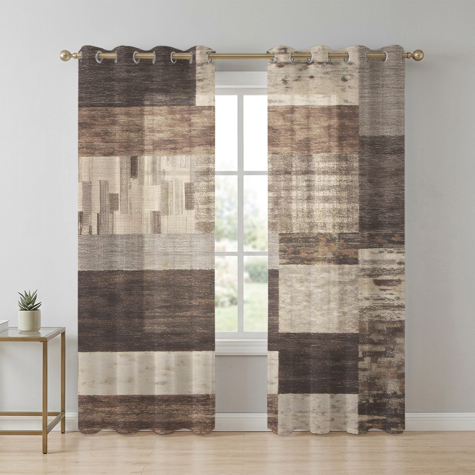Brown Wood Stripes Sheer Curtains 84 Inch Long 2 Panels, Modern ...