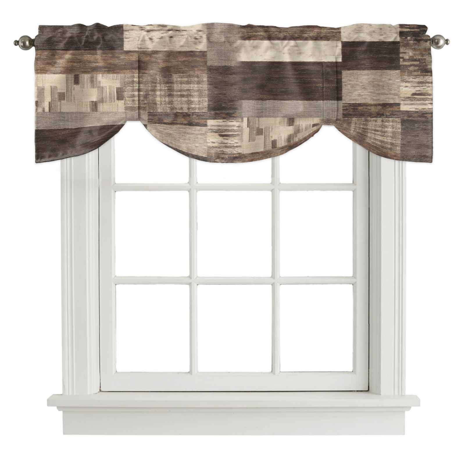 Brown Wood Stripes Tie Up Valance Curtains Modern Geometric Patchwork ...