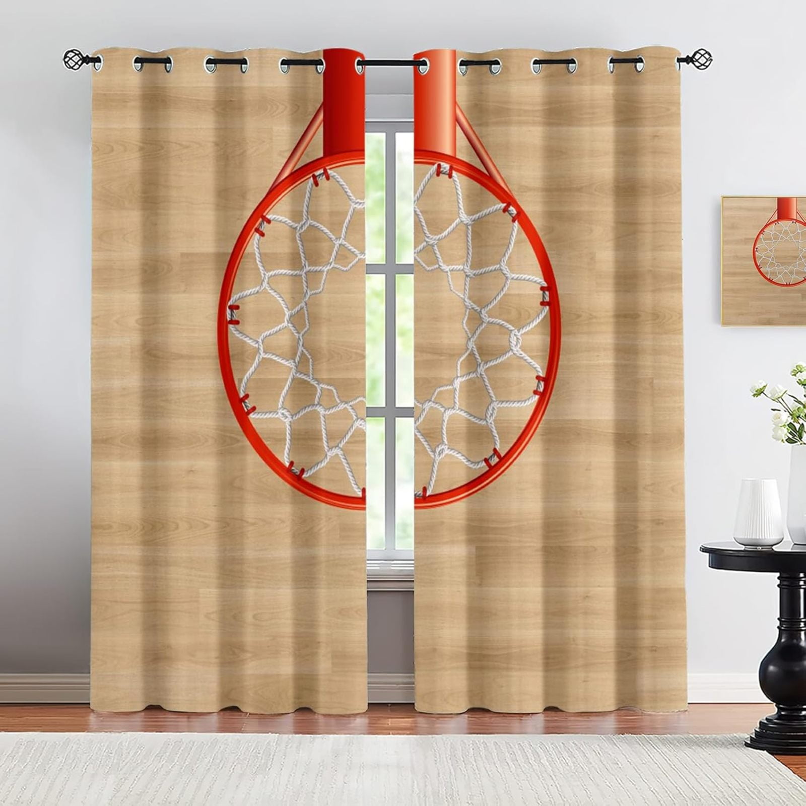 Brown Wood Texture Basketball Court Print Curtain, Basketball Frame ...