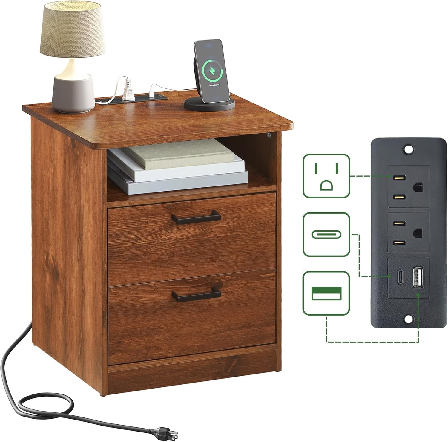 Brown Wooden Bedside Table with USB-C Fast Charging Station & 2 Drawers ...