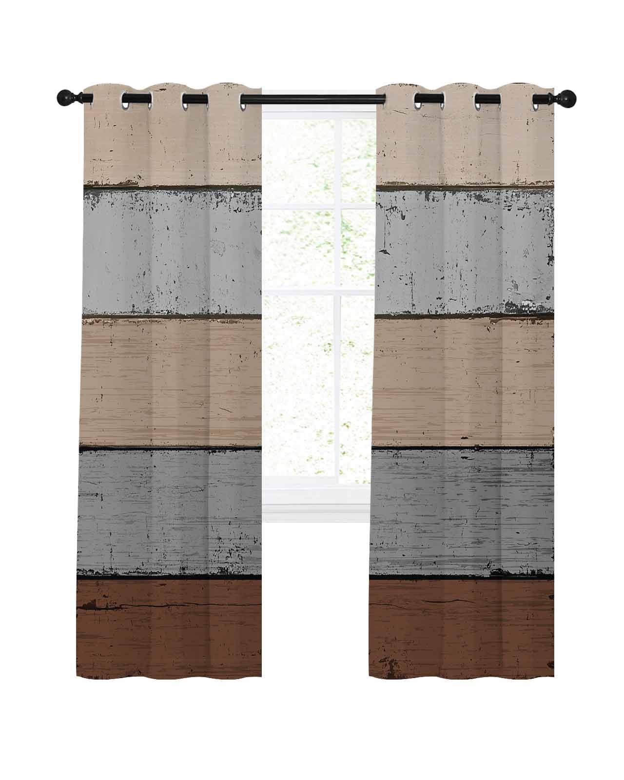 Brown Wooden Blackout Curtains 45 Inches Long for Bedroom, Grey Stripe ...