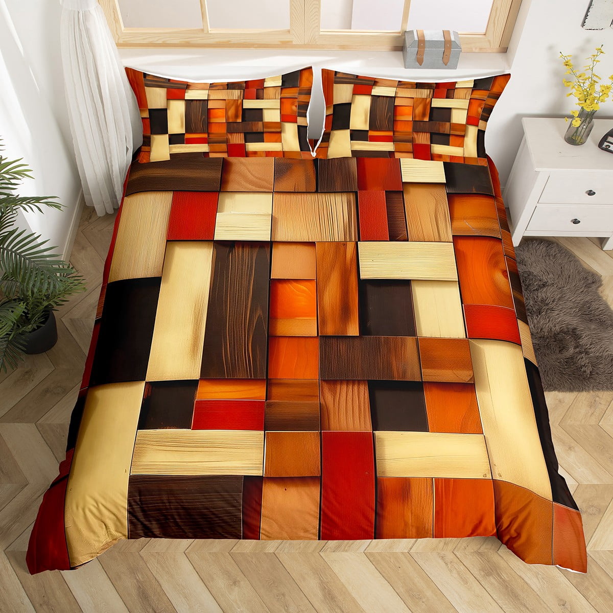 Brown Wooden Board Full Comforter Cover Patchwork Plank Bedding Set ...