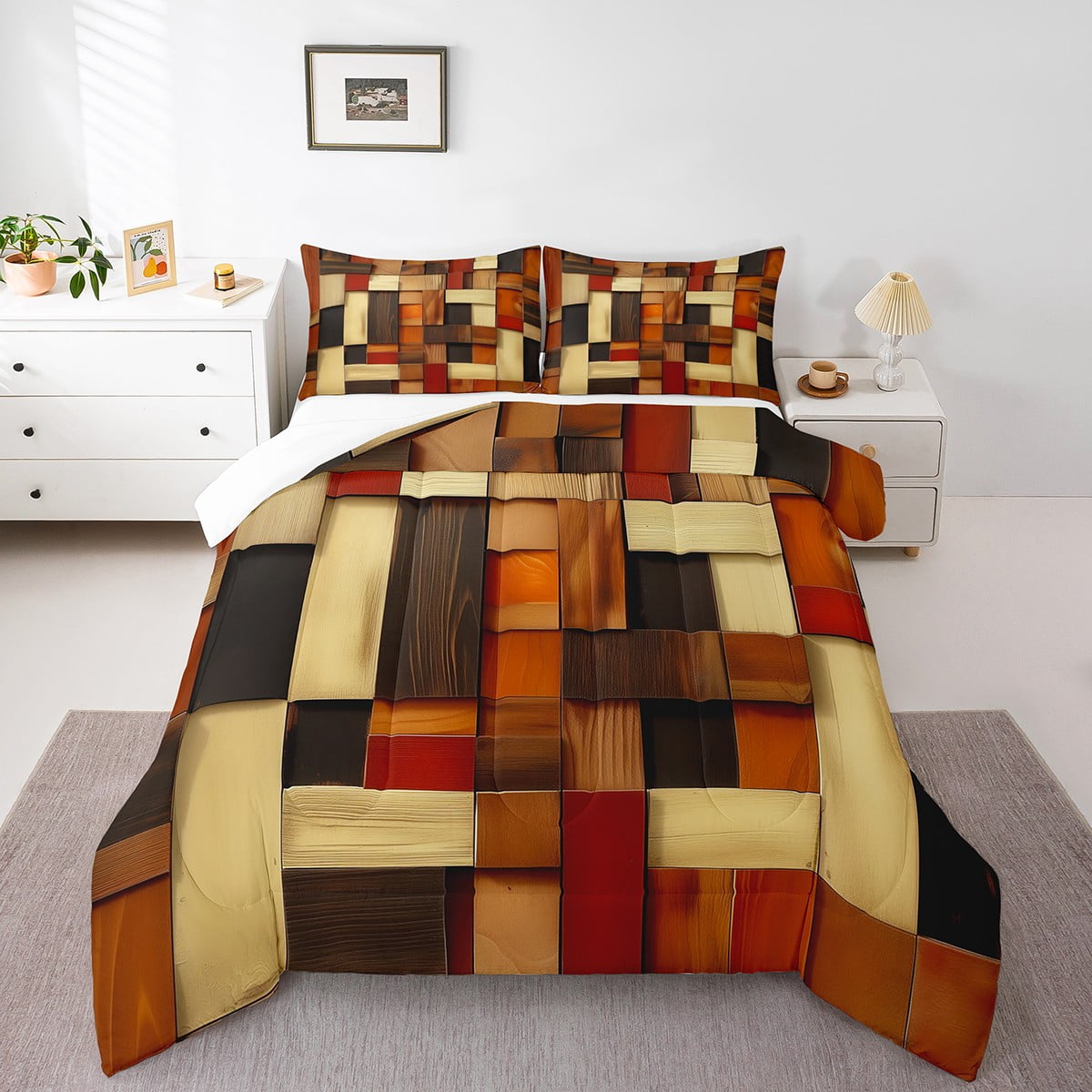 Brown Wooden Board King Comforter Set Patchwork Plank Bedding Set ...