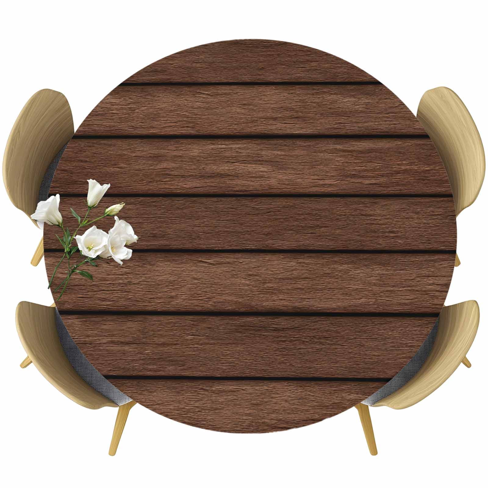 Brown Wooden Board Round Fitted Tablecloth with Elastic Edge, Vintage ...