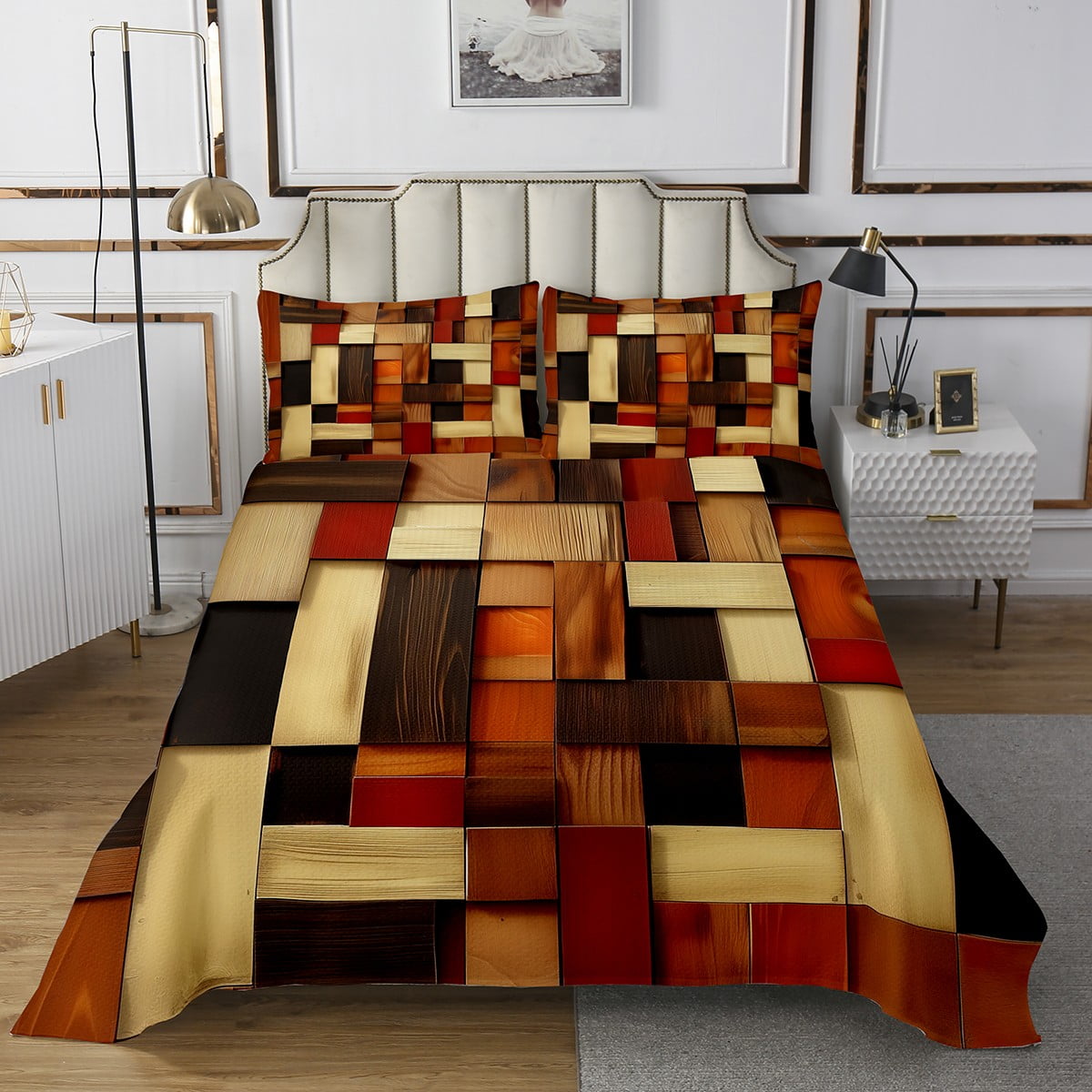 Brown Wooden Board Twin Quilt Set Patchwork Plank Bedspread Set Rustic ...