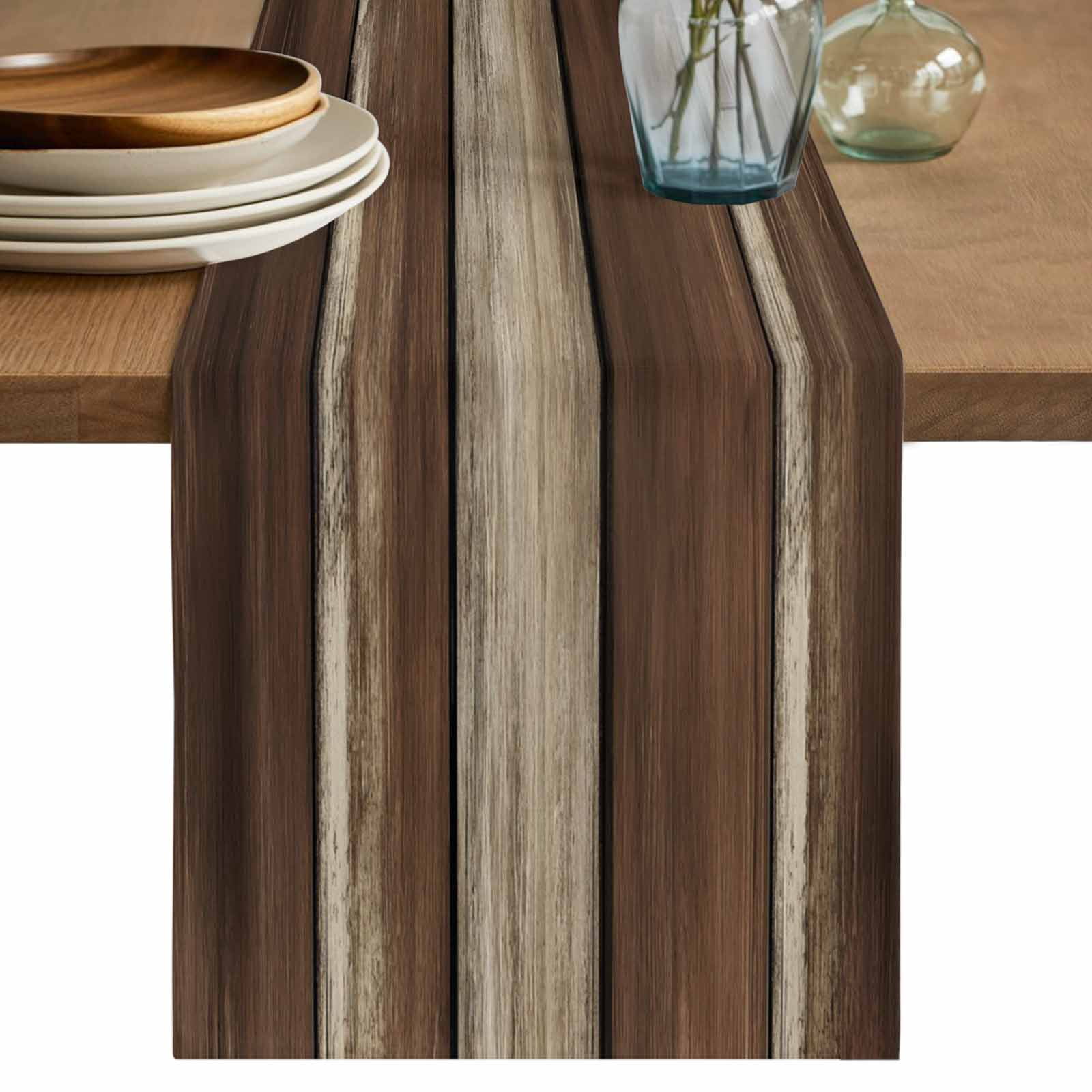Brown Wooden Cotton Linen Table Runner for Dining Kitchen, Vintage ...