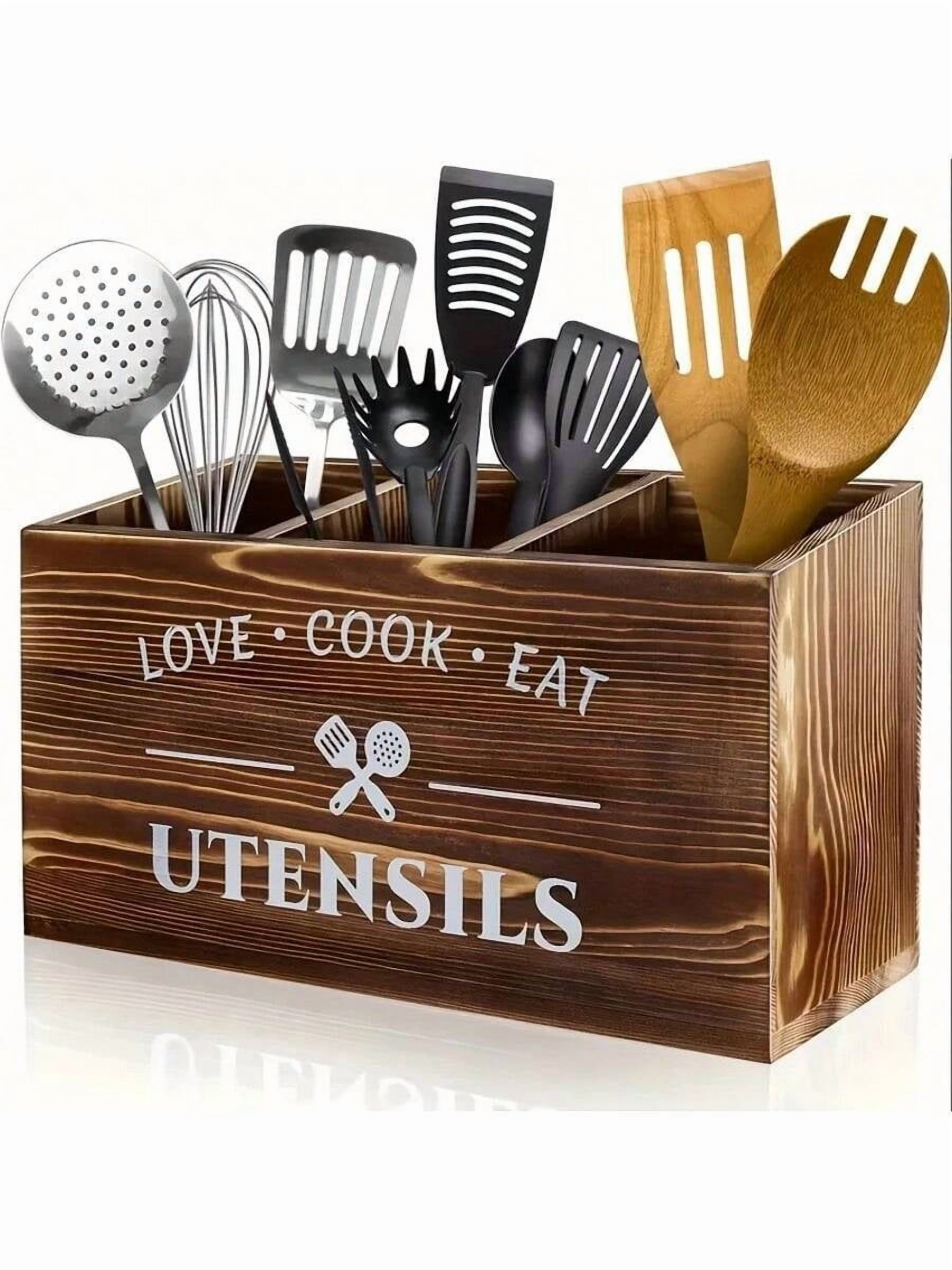 Brown Wooden Cutlery Rack | 3-Compartment Kitchen Utensil Storage ...