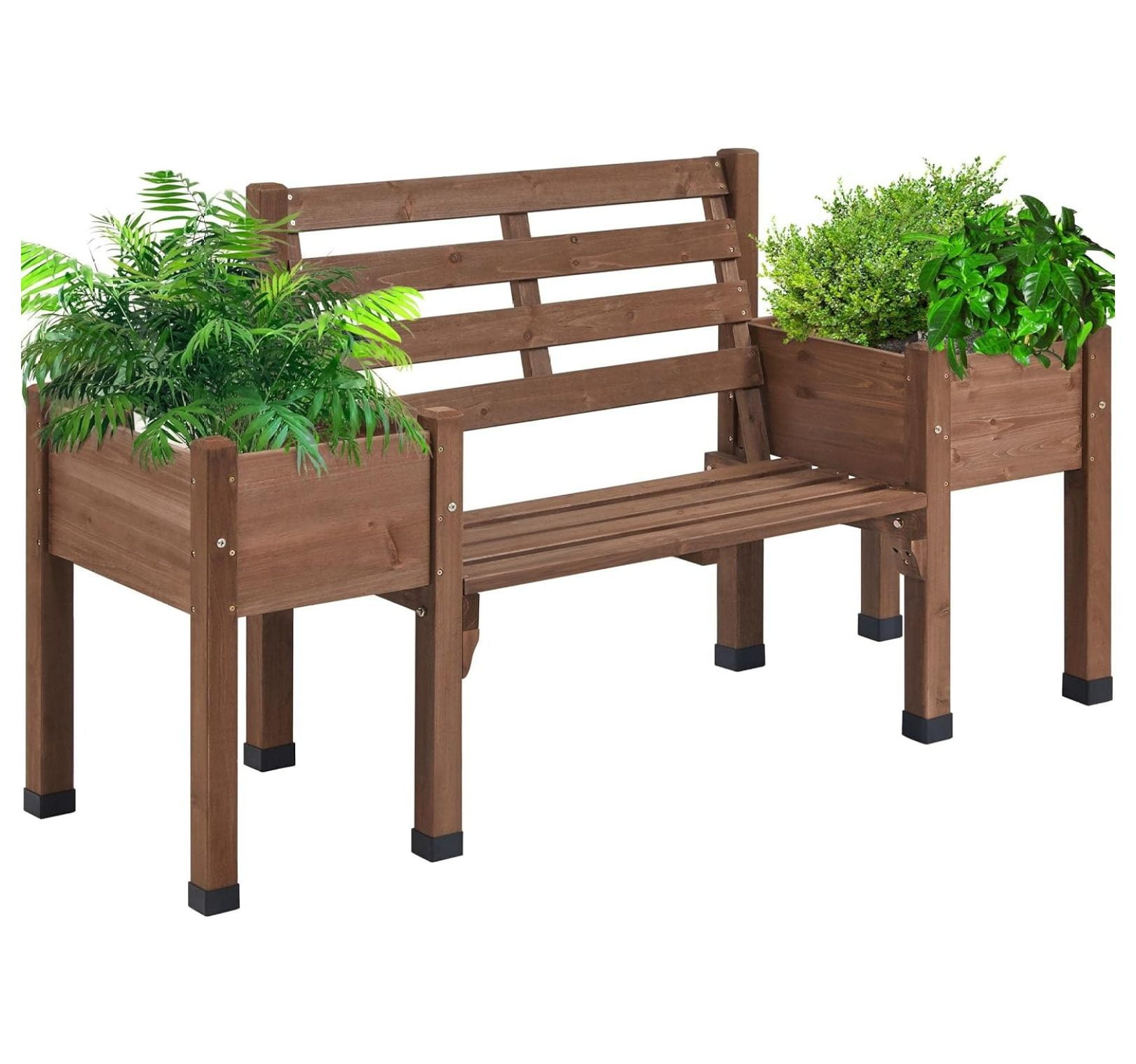 Brown Wooden Garden Bench with Side Planter Boxes, Raised Plant ...
