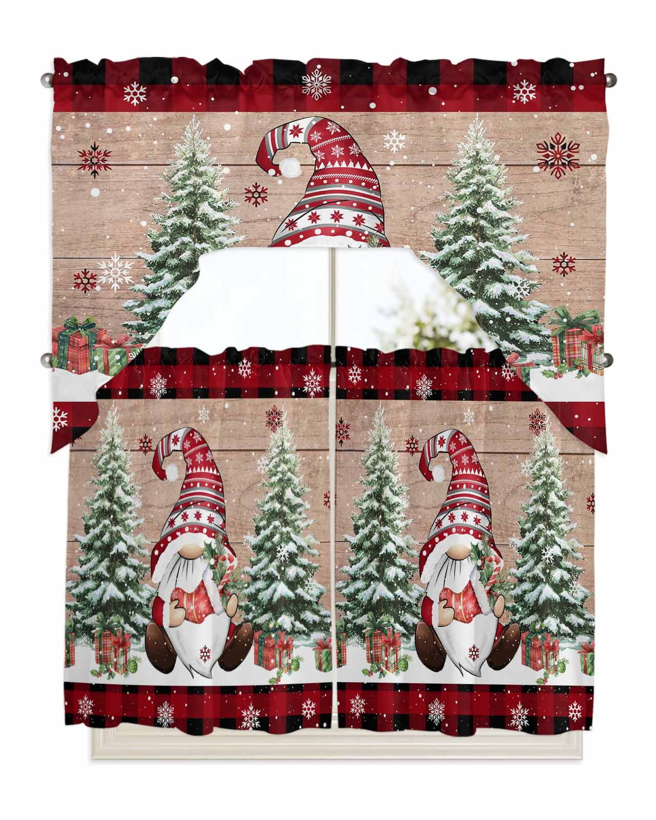 Brown Wooden Gnomes Christmas Kitchen Curtains Swag Valance and Tier ...