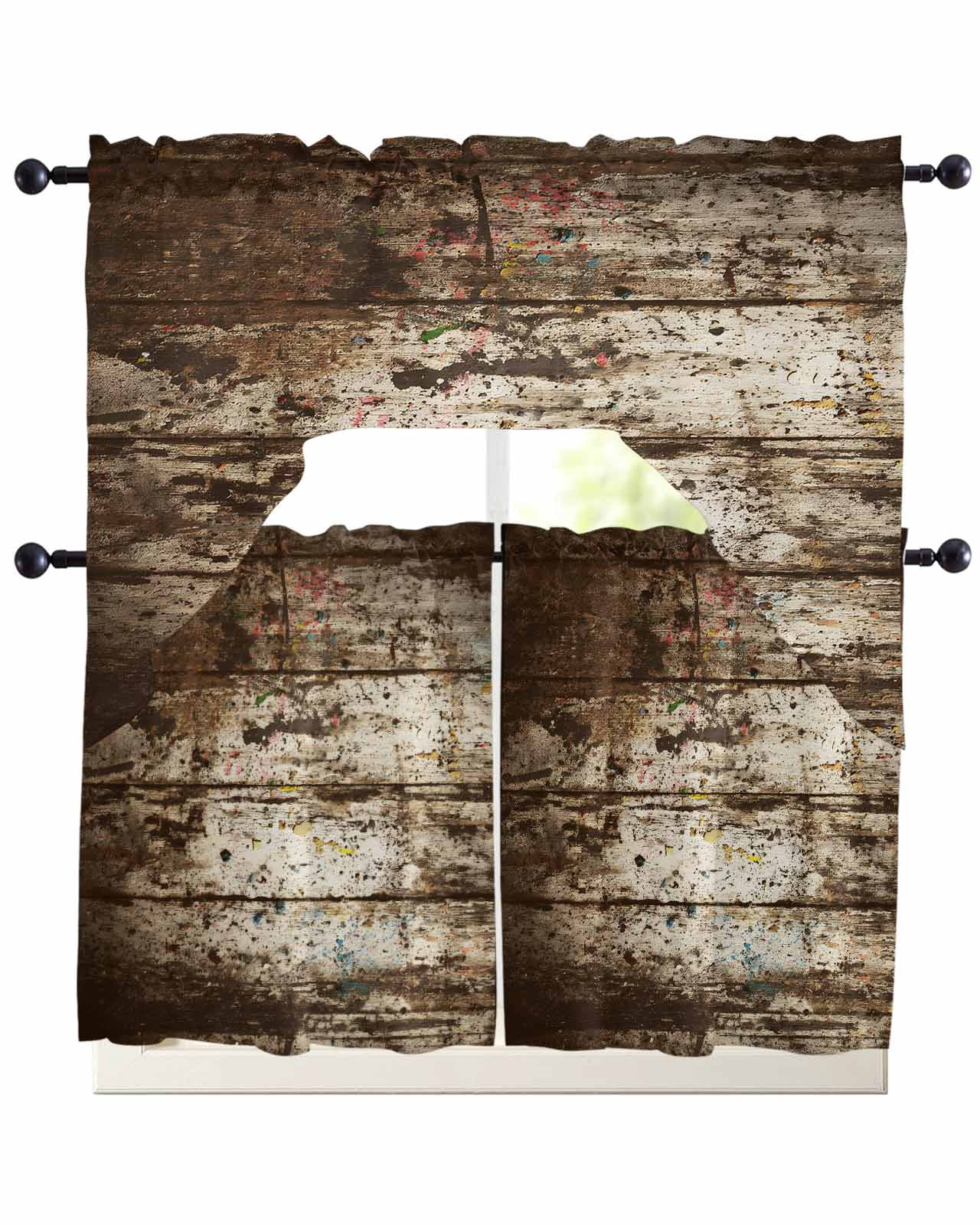 Brown Wooden Grain Kitchen Curtains Set for Windows 3 Piece Cafe ...