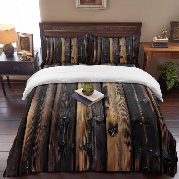 Brown Wooden Grain Queen Size Bed Set,Vintage Shabby Plank Bedding for ...