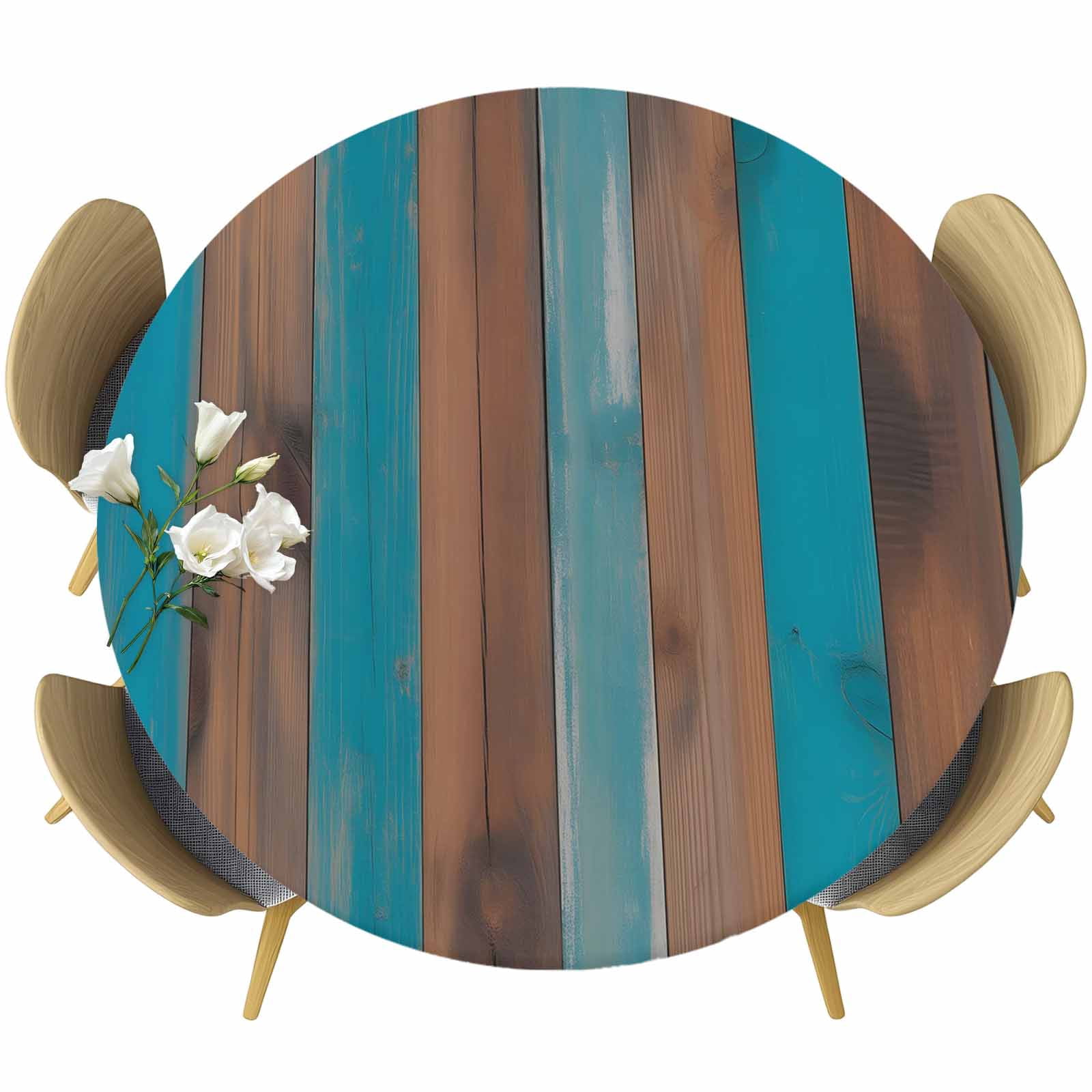 Brown Wooden Grain Round Tablecloth, Fitted Table Cover with Elastic ...