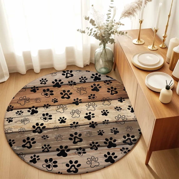 Brown Wooden Plank Dog Paw Round Rug 3ft Farmhouse Retro Wood Board ...