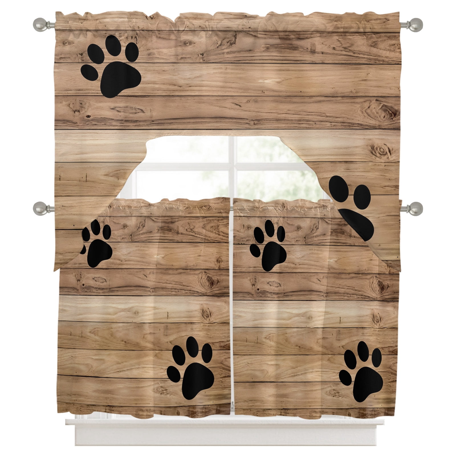 Brown Wooden Plank Kitchen Curtains Swag Valance and Tier Curtains Set ...