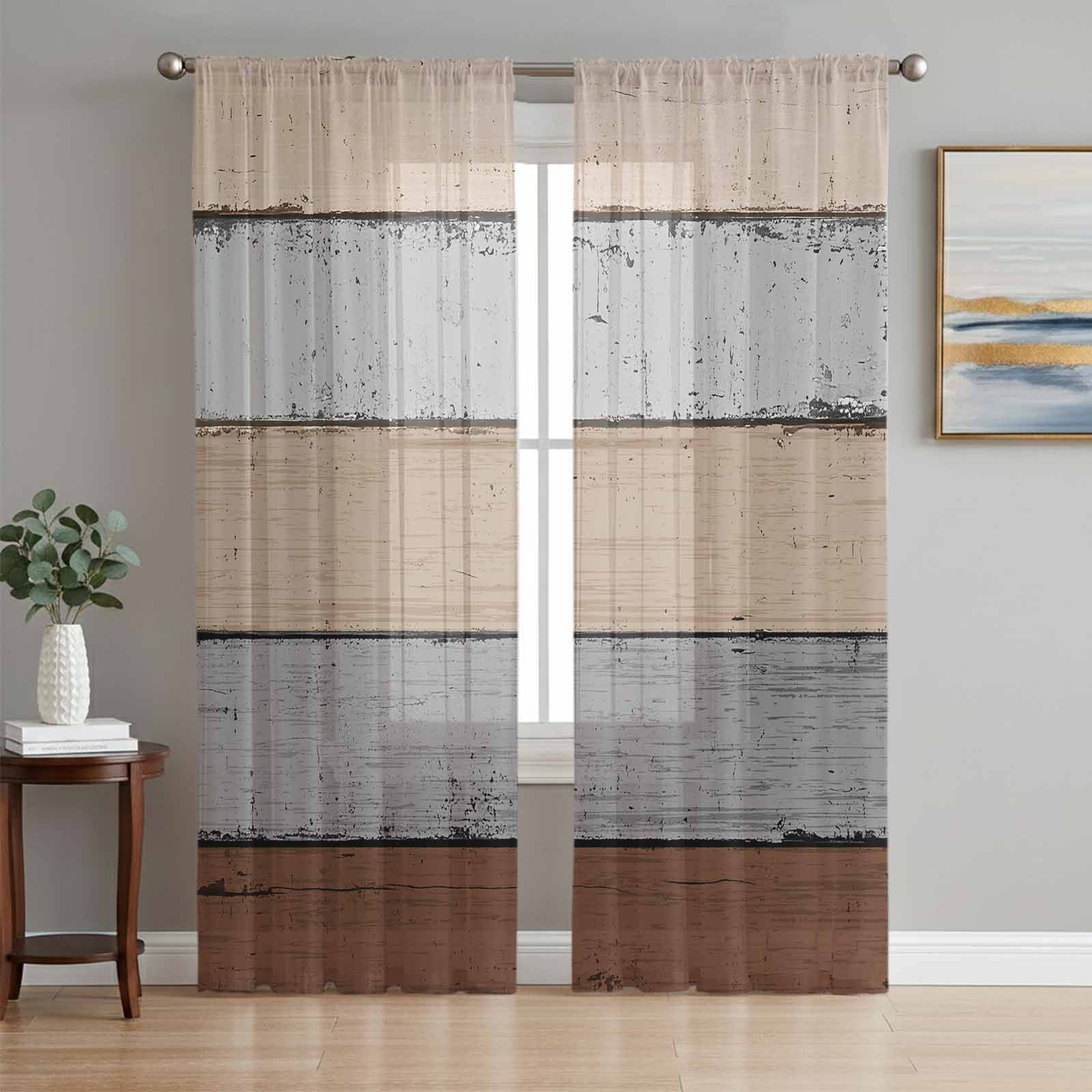 Brown Wooden Semi Sheer Curtains 84 Inch Length 2 Panels Set, Grey ...