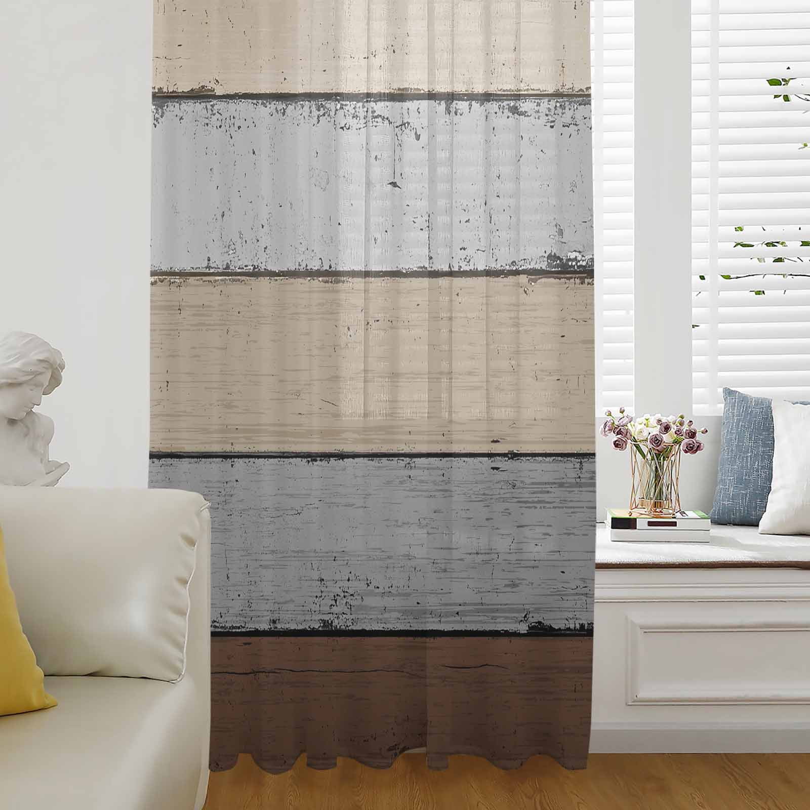 Brown Wooden Window Curtain 63 Inches Long,Grey Stripe Gradient Country ...