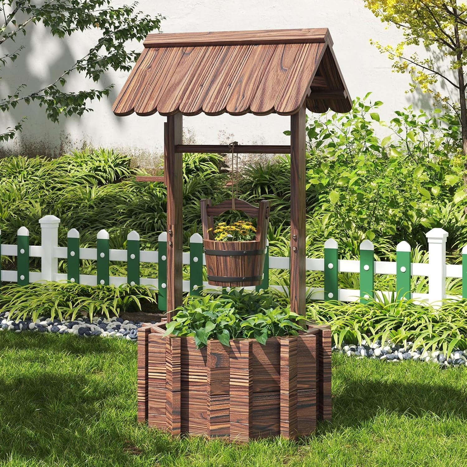 Brown Wooden Wishing Well Planters with Hanging - Walmart.com