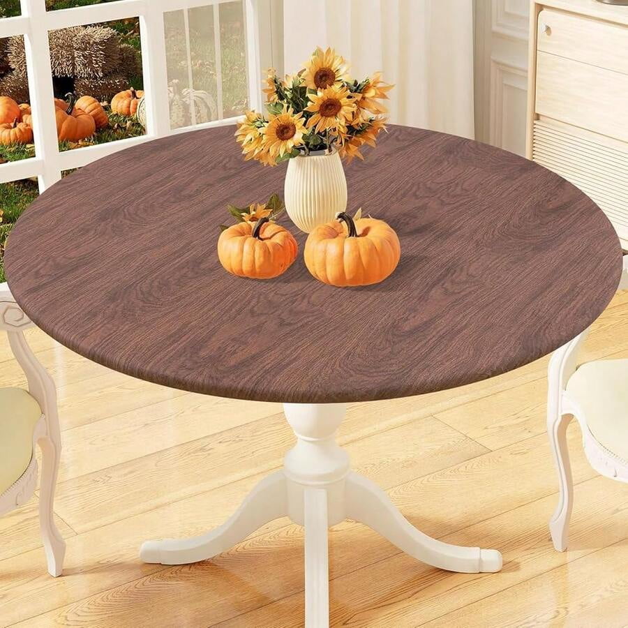 Brown Woodgrain Print Round Fitted Tablecloth, Waterproof Vinyl with ...