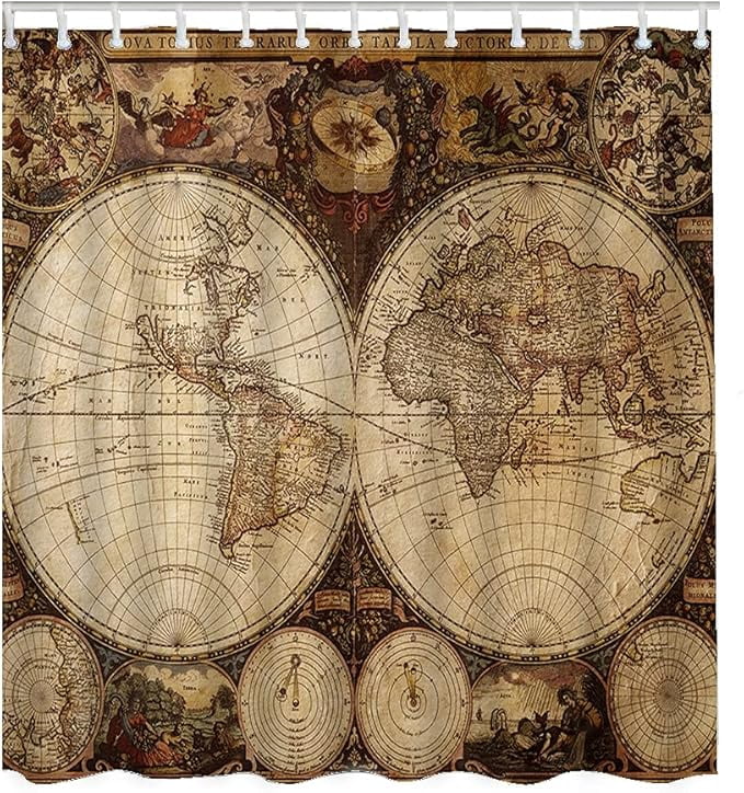 Brown World Map Shower Curtain Old Map Historical Atlas Nostalgic Style ...