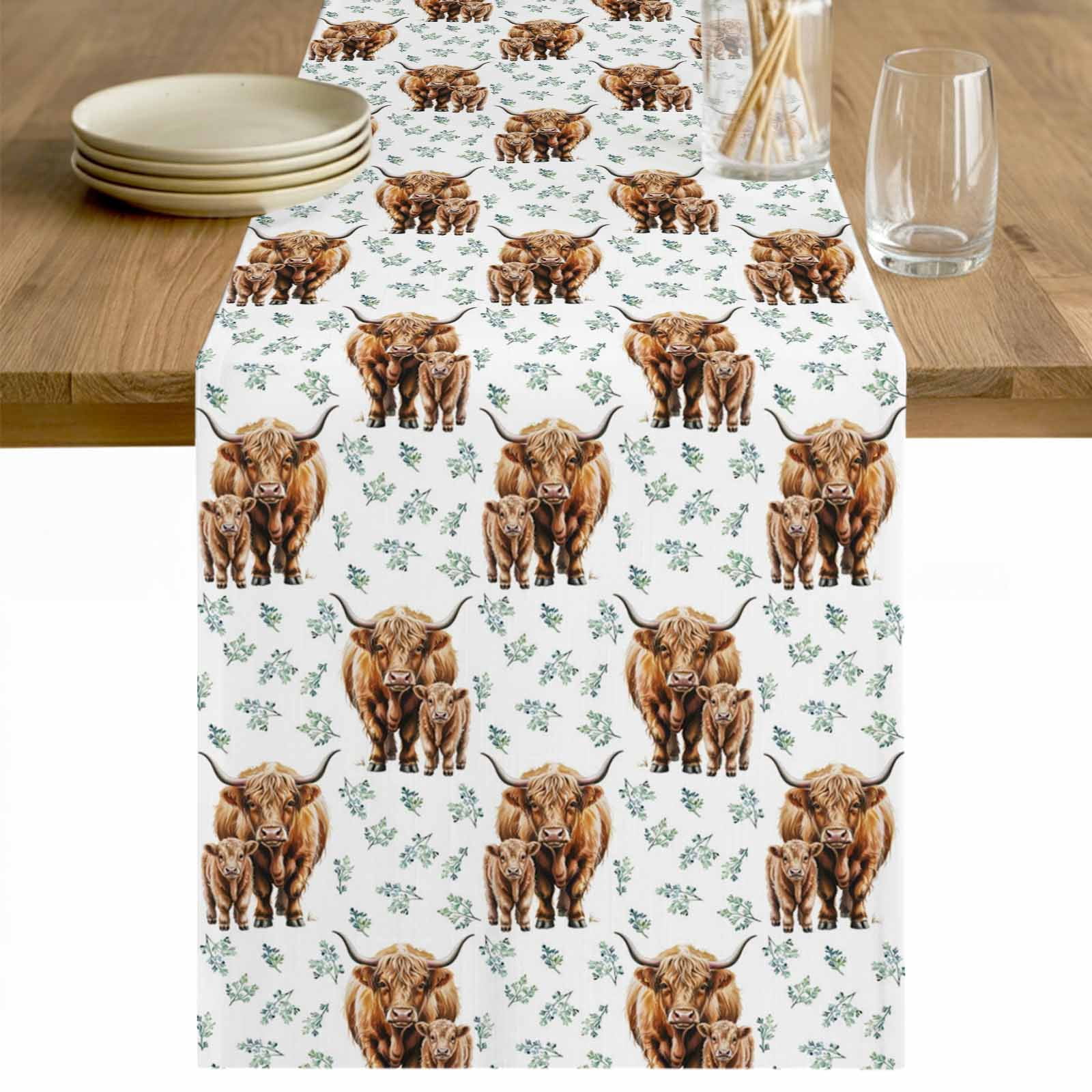 Brown Yak Table Runner - 90 Inch Long Spring Green Ferns Leaves Country ...