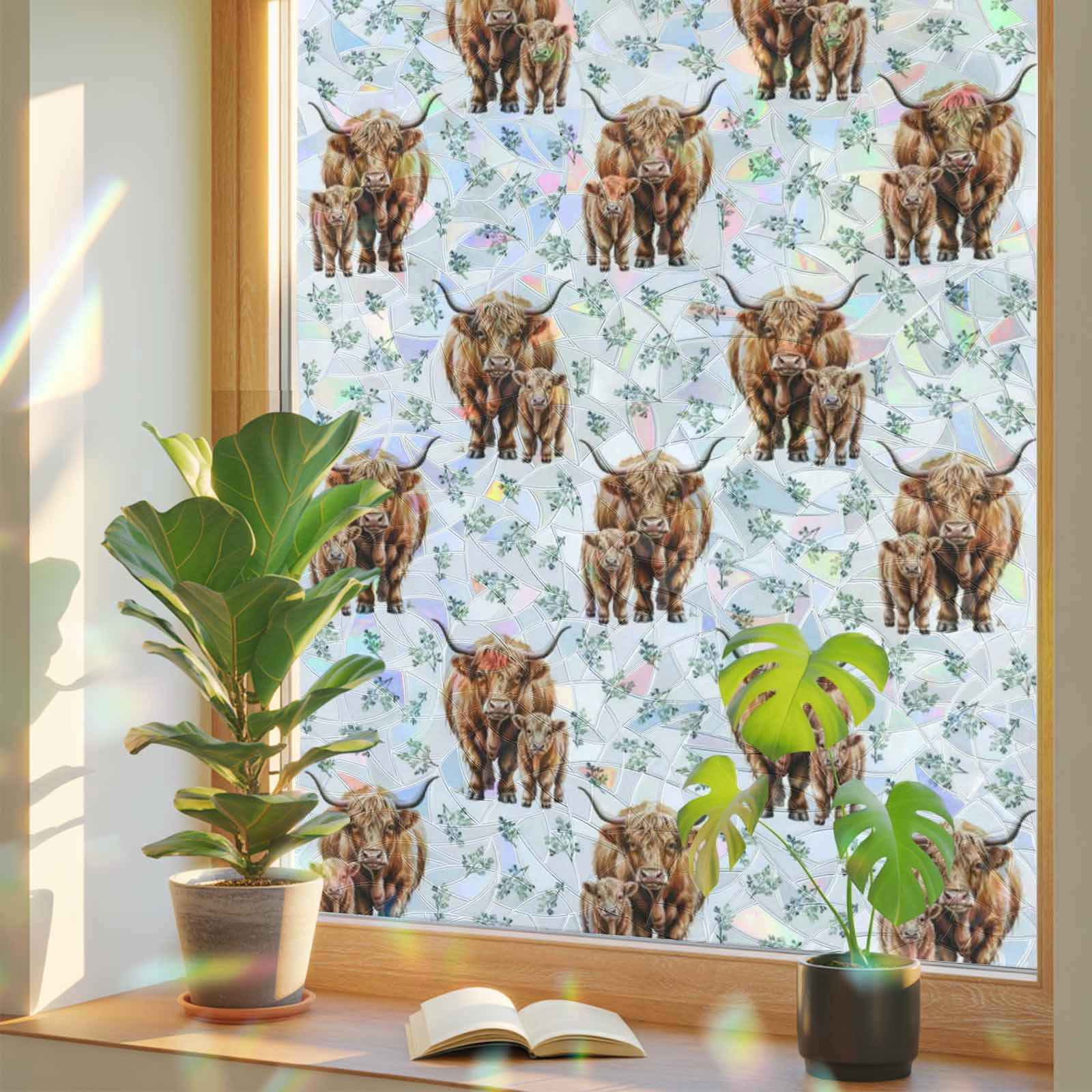 Brown Yak Watercolors Green Ferns Window Privacy Film, Rainbow Film ...