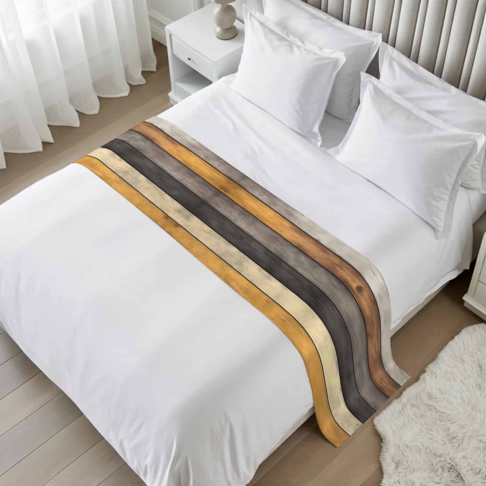 Brown Yellow Black Wood Grain Bed Runner Scarf, Farmhouse Wooden Board ...