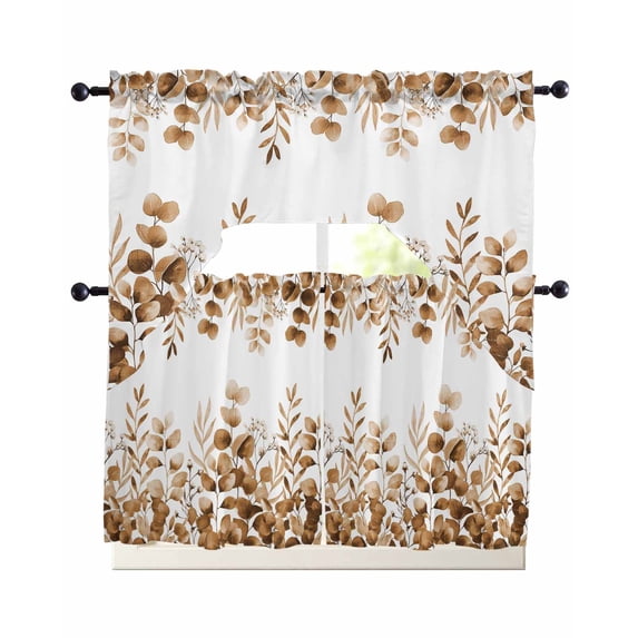 Brown Yellow Eucalyptus Leaves Kitchen Curtain and Valance Set 3 Pieces ...