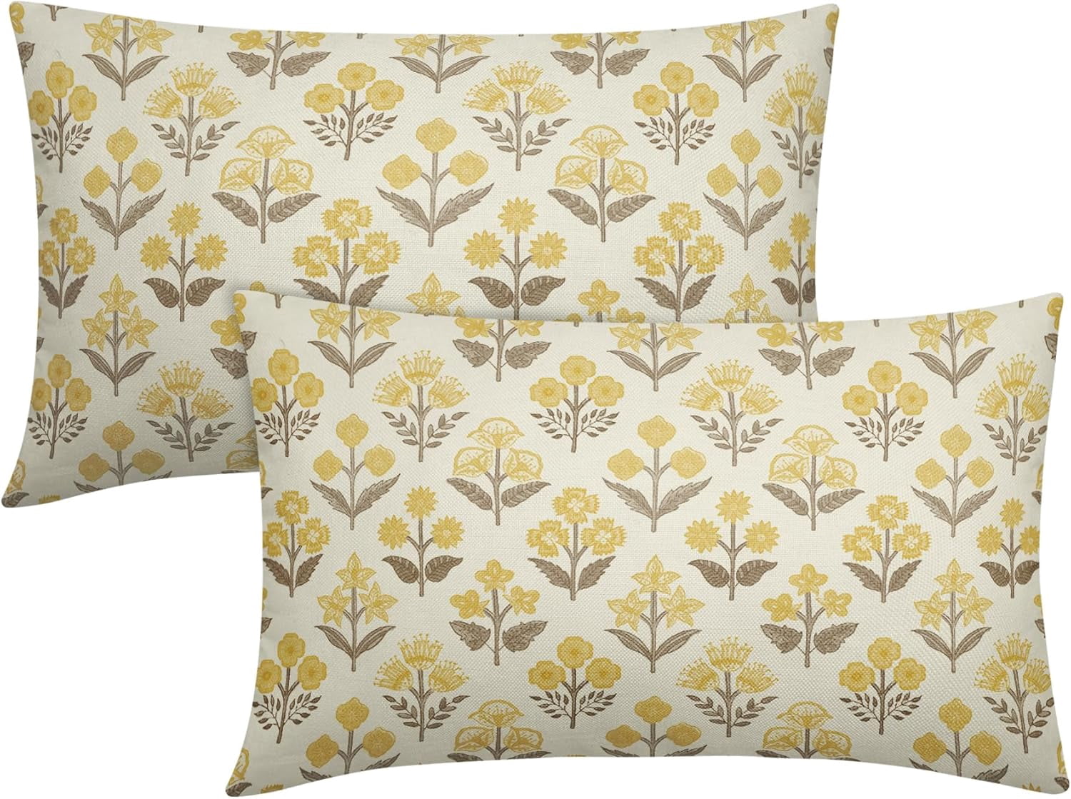 Brown Yellow Floral Pillow Covers 12x20 Inch Set of 2, Block Print ...