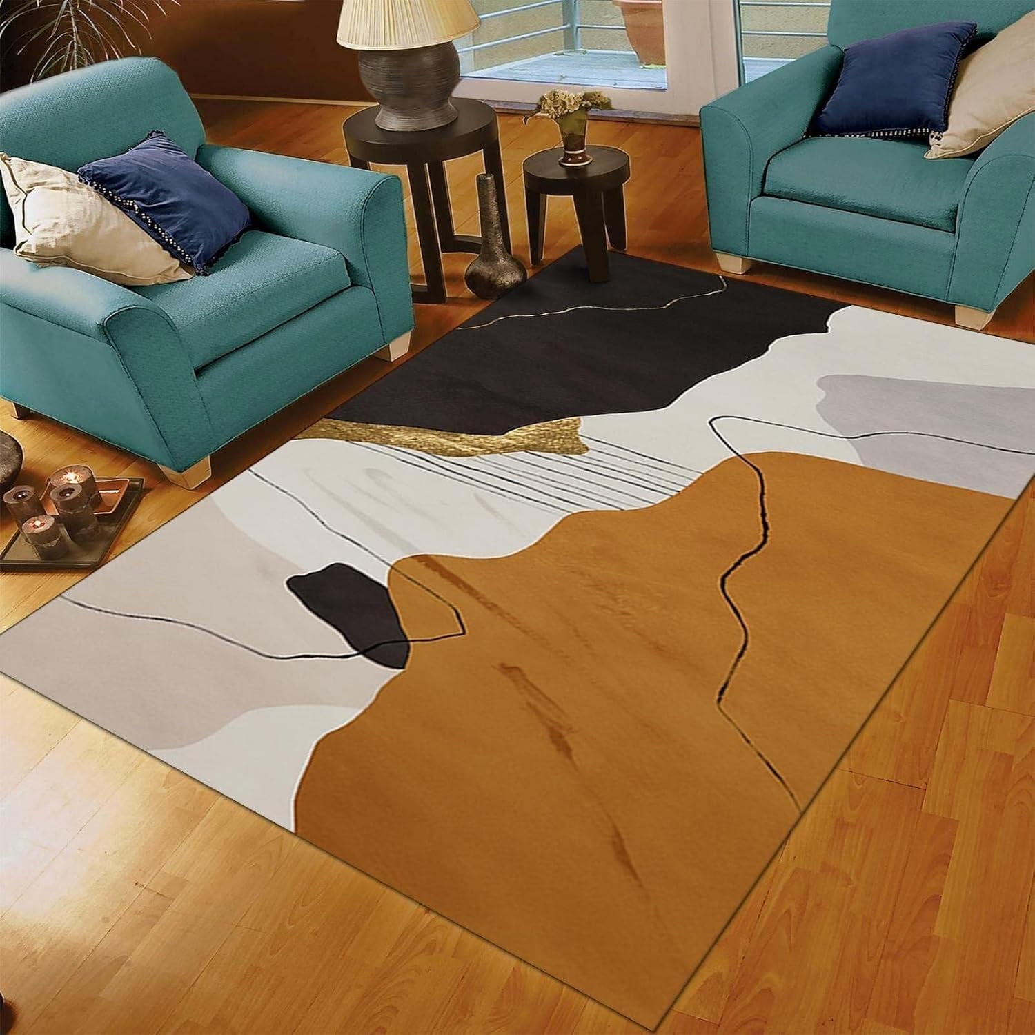 Brown Yellow Lines Area Rugs, Modern Abstract Bohemian Century Rug ...