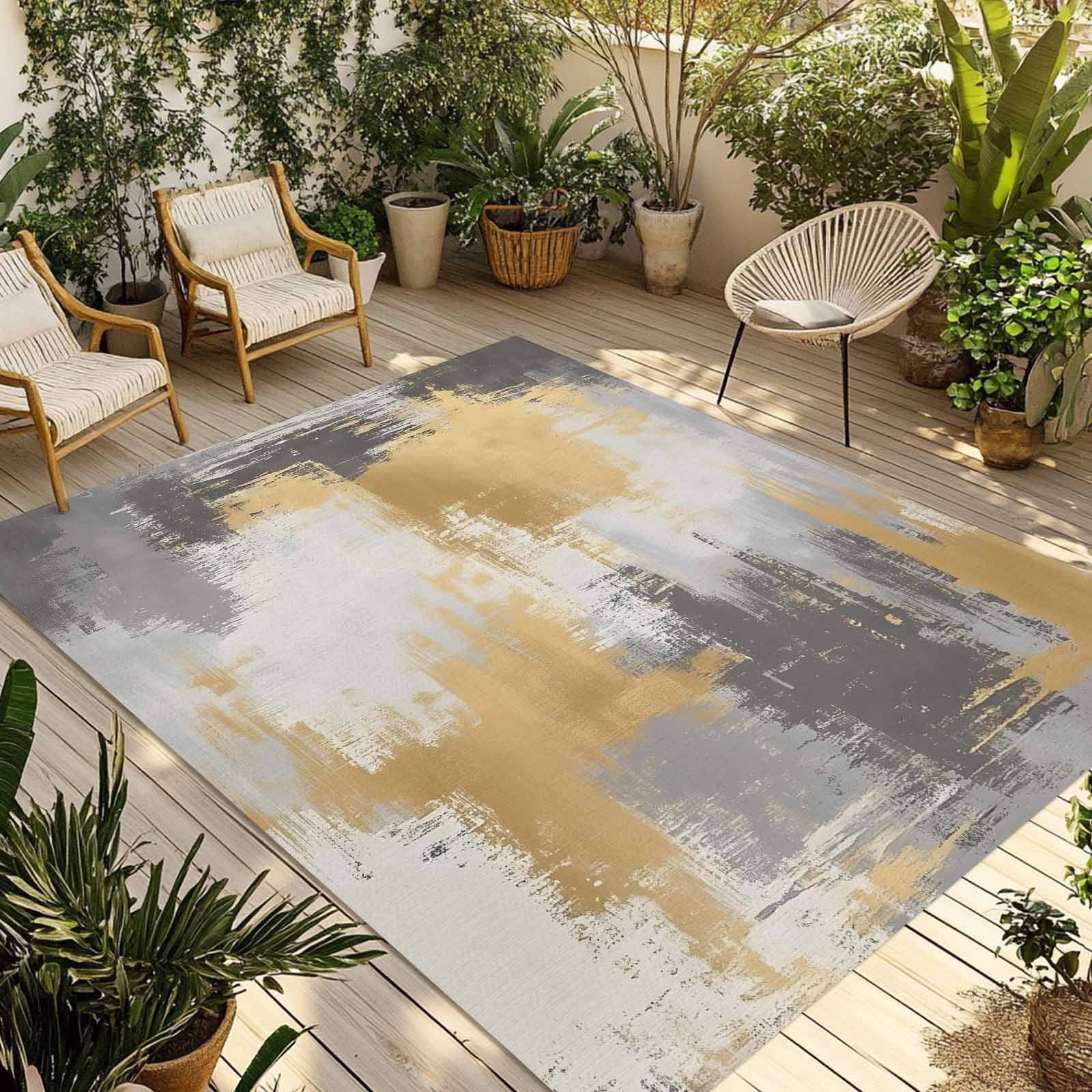 Brown Yellow Outdoor Rug, Modern Vintage Abstract Art Non-Slip Area ...