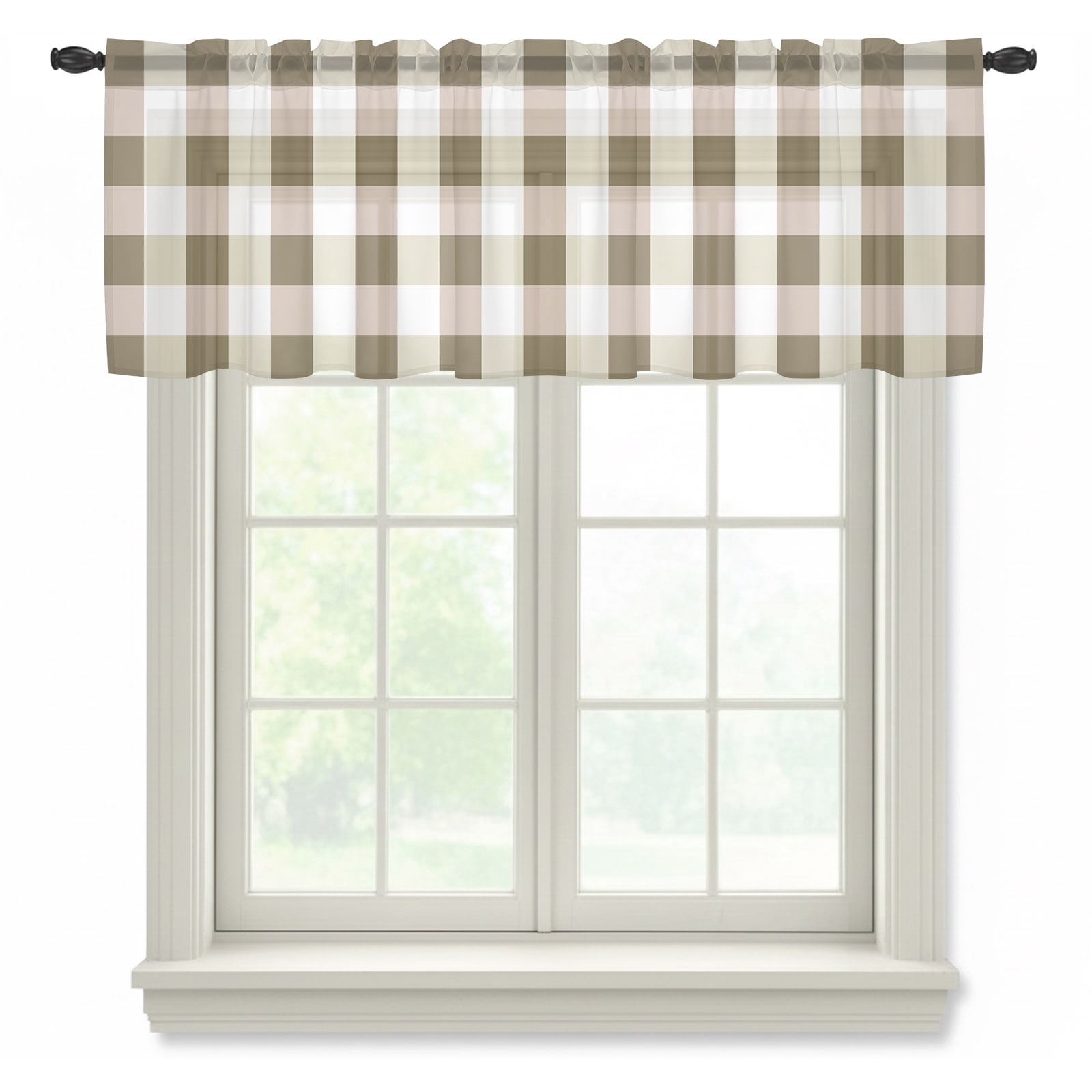 Brown Yellow Plaid Semi Sheer Valance Curtains, Simple Pattern Voile ...