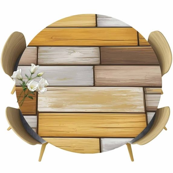 Brown Yellow Vintage Round Tablecloth, Fitted Table Cover with Elastic ...