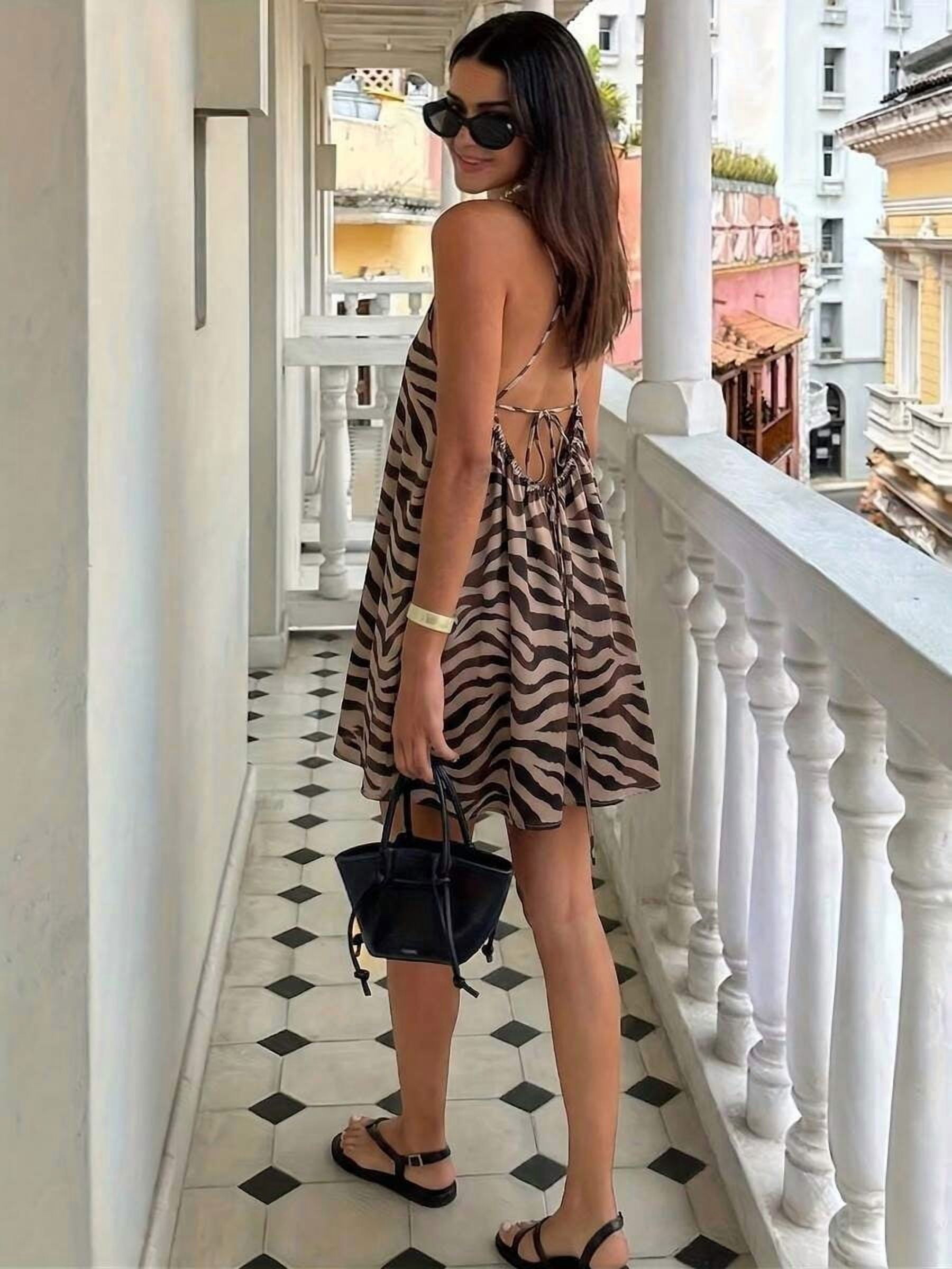 Brown Zebra Print Backless Halter Mini Dress For Women, Summer Sundress ...