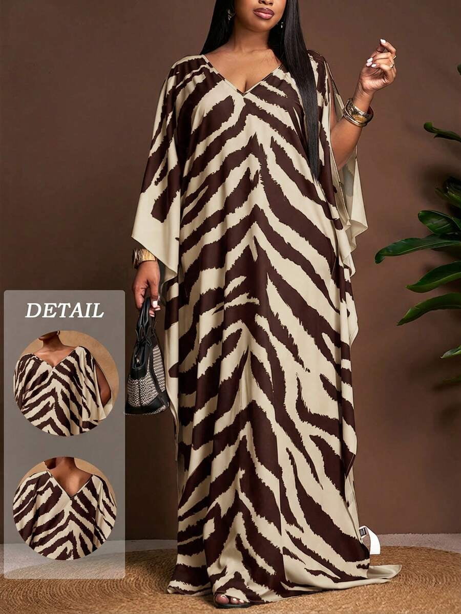 Brown Zebra Print V-Neck Batwing Sleeve Maxi Dress For Women, Plus Size ...