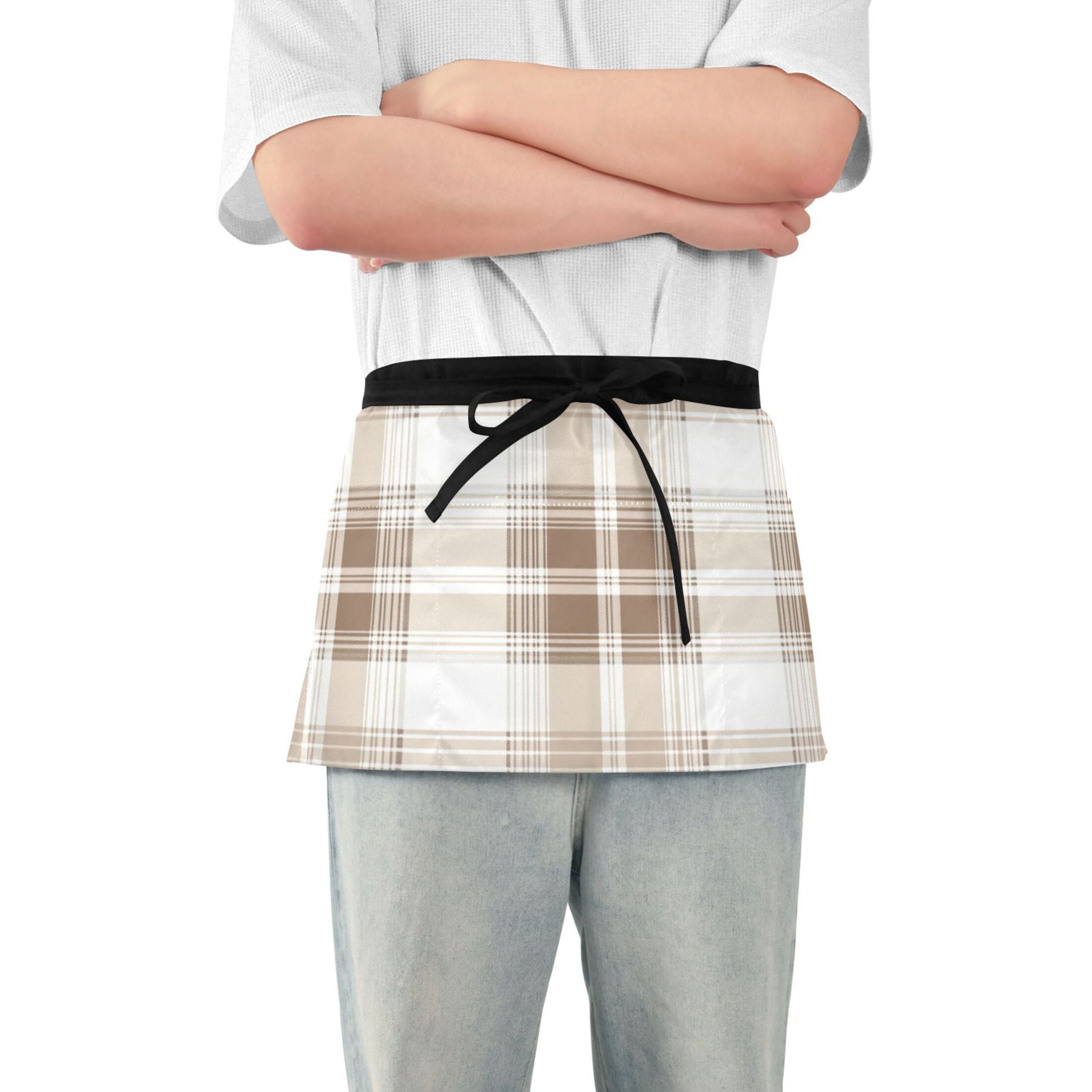 Brown and Beige Plaids Short Server Apron with 3 Pockets for Unisex ...