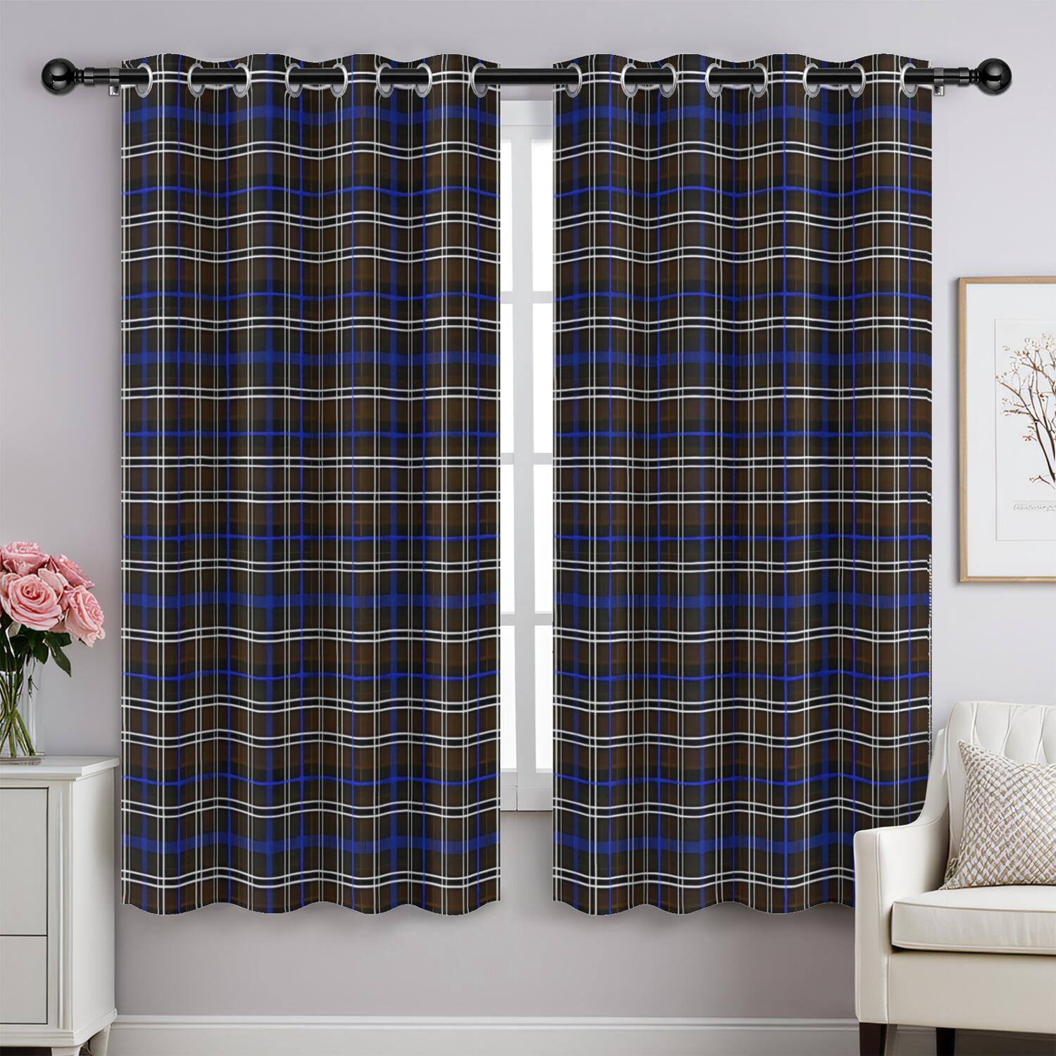 Brown and Blue Checkered Pattern Blackout Curtains,Triple Weaved Fabric ...