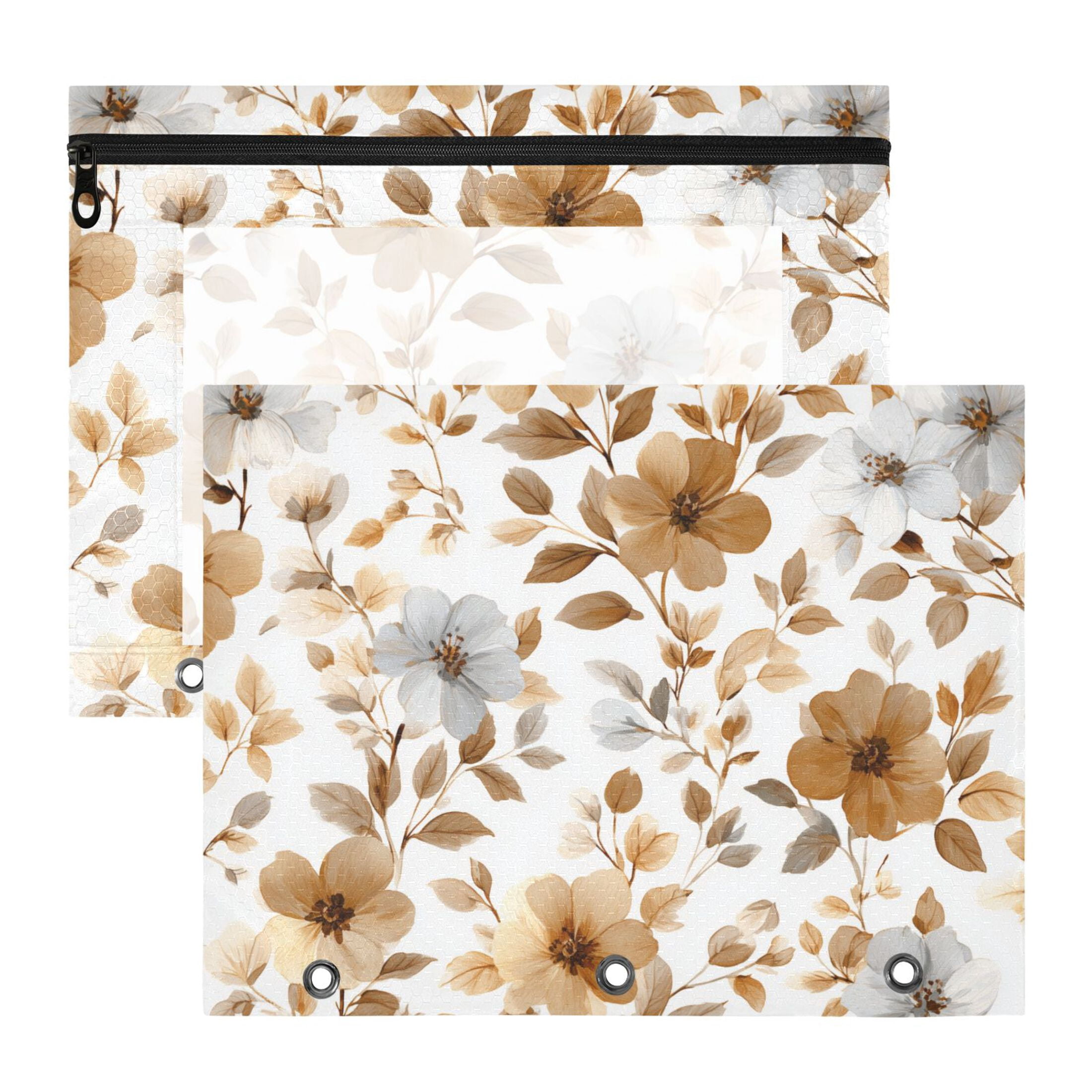Brown and Gray Flowers Leaves Vector 3-Ring Binder Pocket with Zipper ...