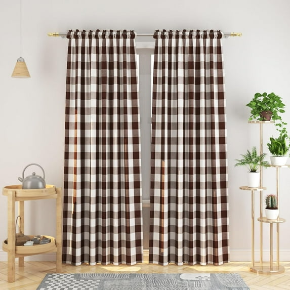 Brown and White Buffalo Check Cotton Curtains 2 Panels 95 Inches Long ...